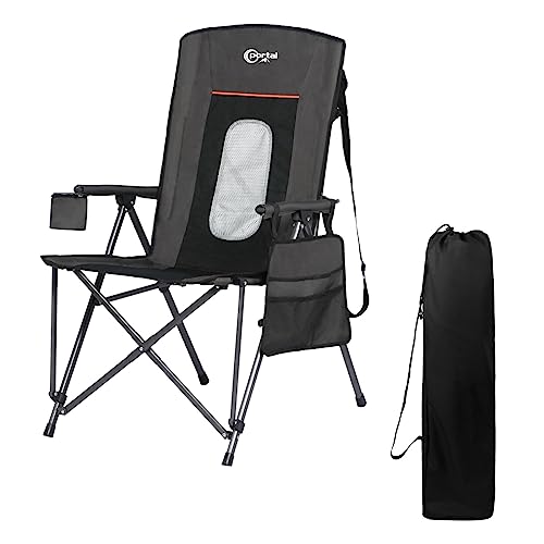 PORTAL Oversized Folding High Back Lawn Chairs Portable for Adults Outside Hard Armrest Cup Holder Carrying Strap for Camp Soccer Sports, Supports 400LBS, Black