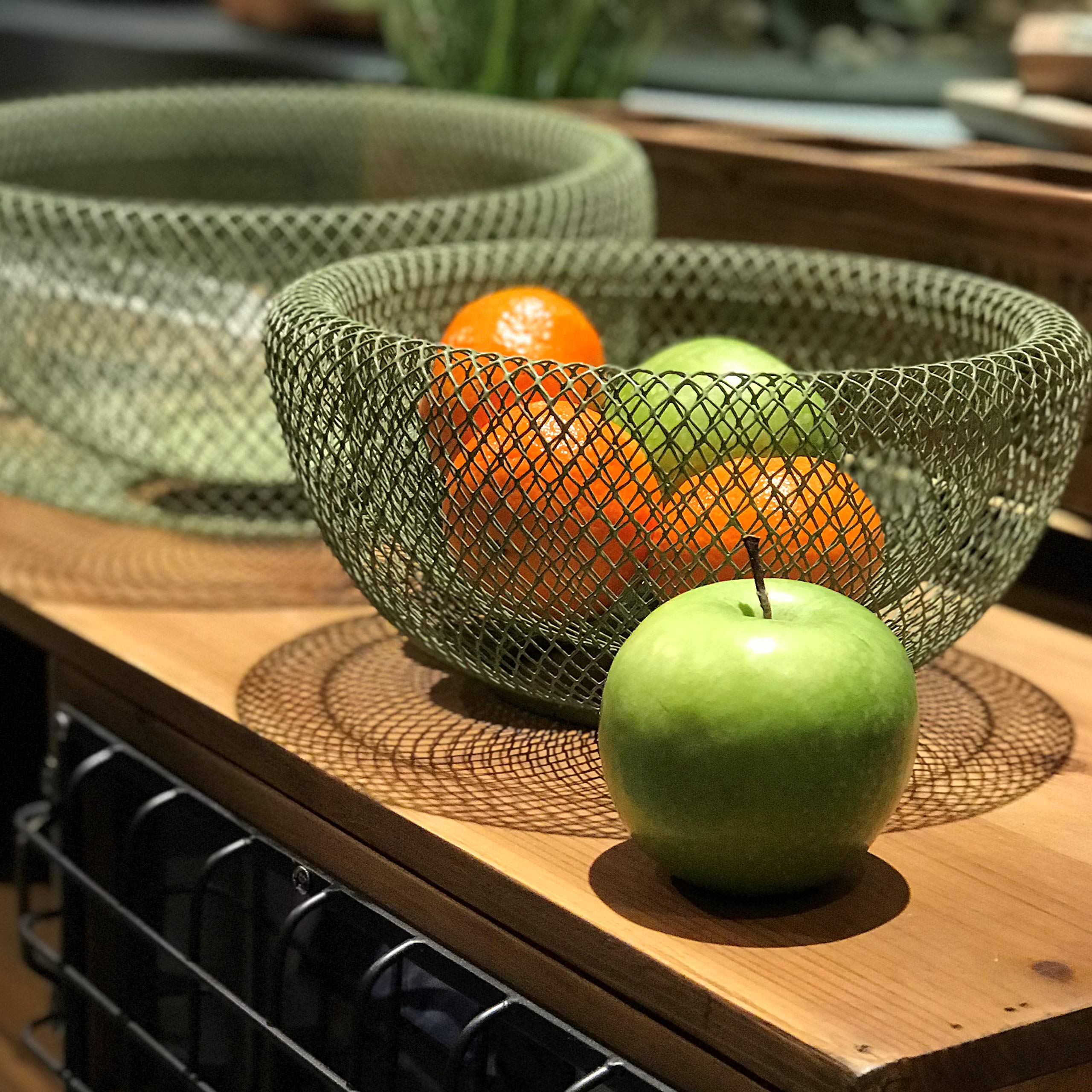WHW Whole House Worlds Iconic Modern Wire Mesh Fruit Bowls, Olive Green, Set of 2, Art Museum Style, Iron, Large, 11.5 Inches Diameter x 6 Tall, and 9.5 Diameter x 4.75 Inches