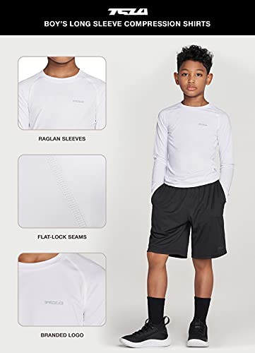 TSLA Kid's & Boy's Cool Dry Long Sleeve Compression Shirts, Athletic Workout Shirt, Sports Base Layer T-Shirt, 2pack White/Blue, 4