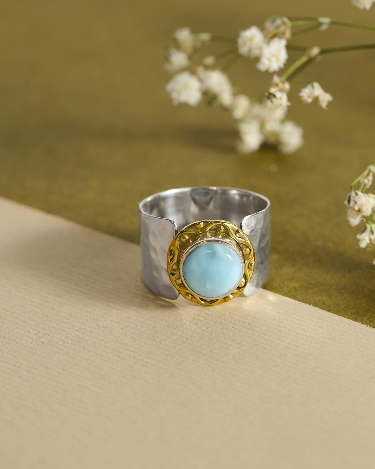 YoTreasure Natural Larimar Solid 925 Sterling Silver Brass Wide Band Bold Ring