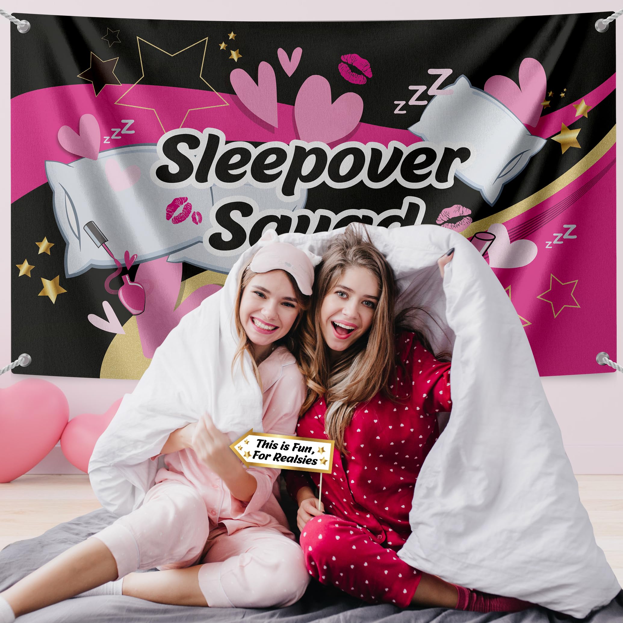 Slumber Party Decoration Kit - Includes Photography Backdrop & 10 Studio Selfie Photo Booth Props with Sticks - Sleepover Squad Pajama Girl Theme Studio Background Supplies