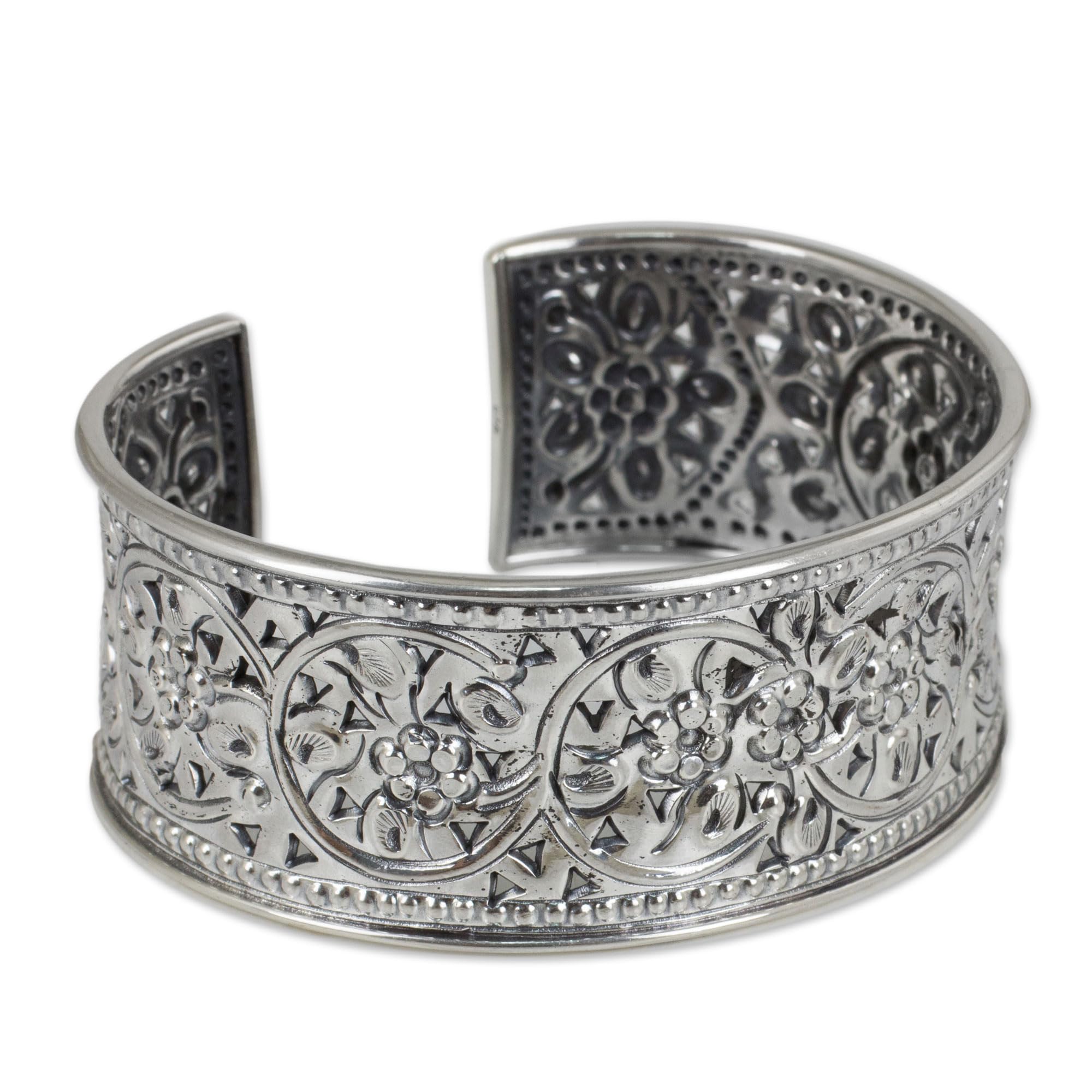 NOVICA Artisan Handmade Sterling Silver Cuff Bracelet Floral No Stone Thailand [6.25 in L (end to End) x 1.1 in W] ' Renewal'