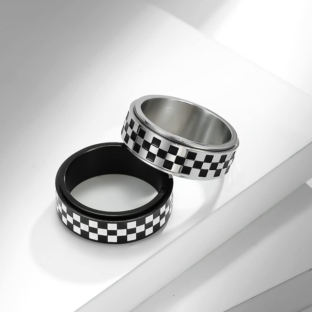 VUZALRANO 8mm Unisex Comfort Fit Stainless Steel Wedding Band Black White Blocks Pattern Ring Checkerboard Checkered Flag Racing Spinner Ring Black Size8