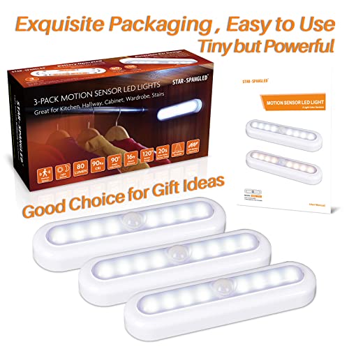 STAR-SPANGLED 3 Pack 7β Motion Sensor Lights Indoor Battery Operated, Stick on LED Light for Closet, Stairs, Under Cabinet, Cool White