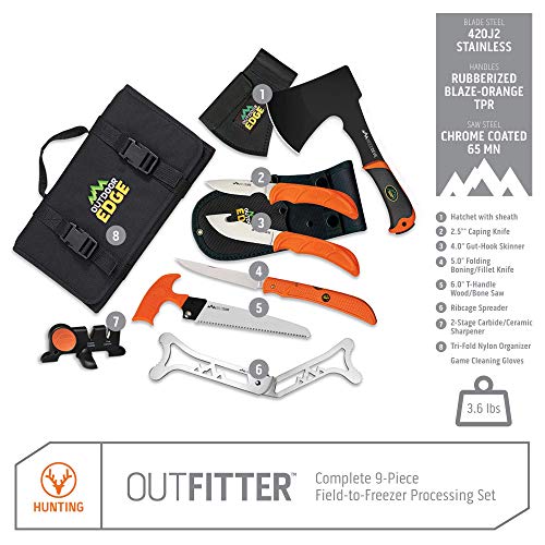 OUTDOOR EDGE Outfitter, 9-Piece Field to Freezer Hunting & Game Processing Knife Set with Caping Knife, Gut-Hook Skinner, Boning/Fillet Knife, Sharpener, Axe, Wood/Bone Saw, Spreader, Gloves