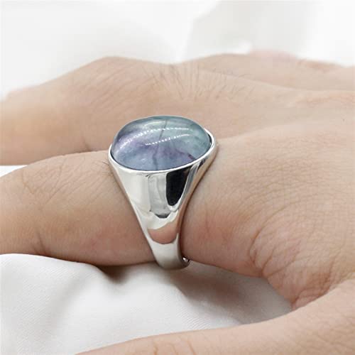 SRLIWHITE Fluorite Ring for Men 925 Silver Oval Natural Gemstone Simple Turkish Handmade Jewelry Women Male Turkish Ring (Ring Size : 9)