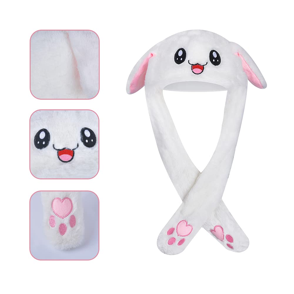 Rabbit Hat The Ears pop up After Pressing The Claws Hat Funny Bunny Cap for Girls,Christmas Party Holiday (White)