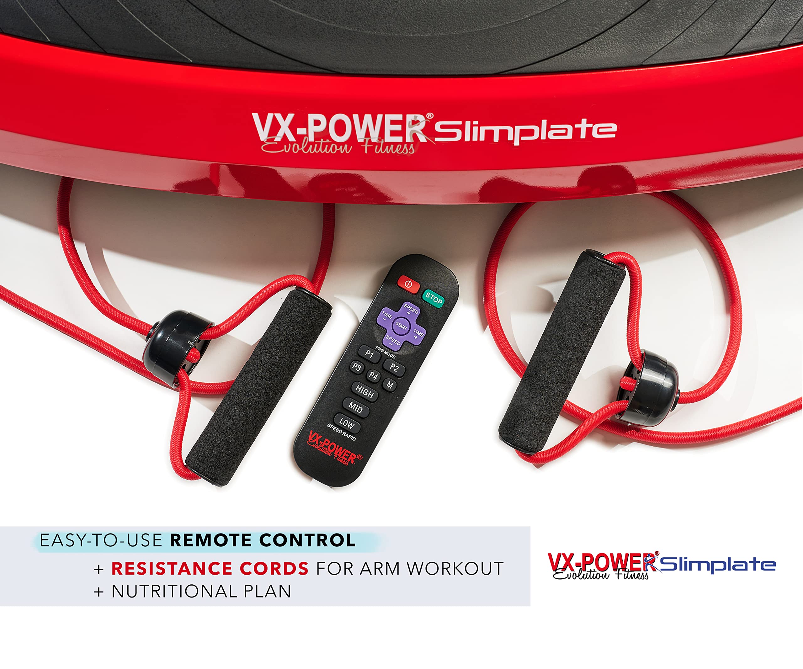 VX-Power Slimplate Galaxy - Vibration Plate Whole Body Vibration Platform Exercise Machine with Resistance Cords for Weight Loss, Toning & Wellness, Bluetooth Speakers (RED)