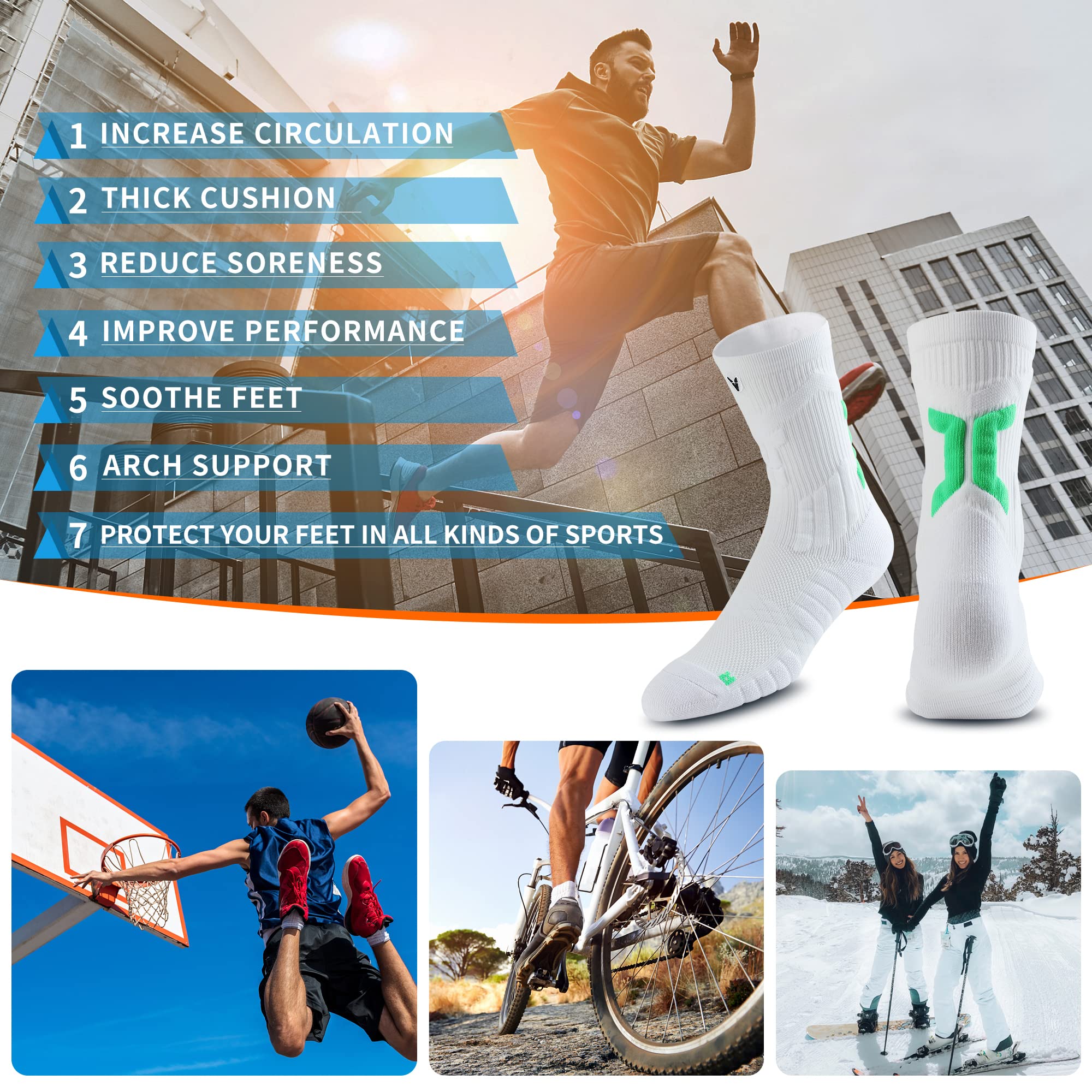 Veadoorn 3pairs Basketball Socks Cushioned Athletic Sports Crew Socks Thick Compression Performance Training Socks for Men & Women