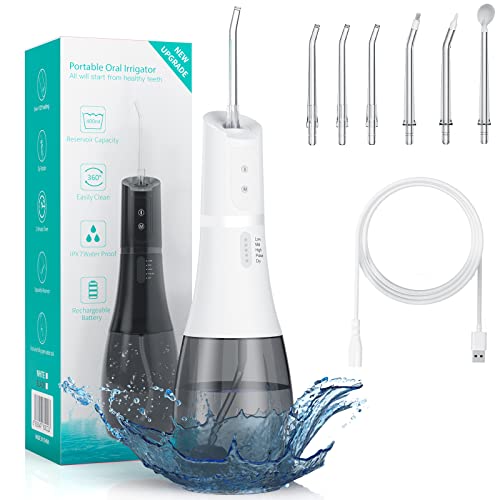 Water flossers Teeth, Cordless Cleaner, VAPTEC Cleaning flosser, Dental 400ml Large Capacity, Portable 360°Rotation 5 Cleaning DIY Modes 6 remplaceable Tips, flossers for Braces, White