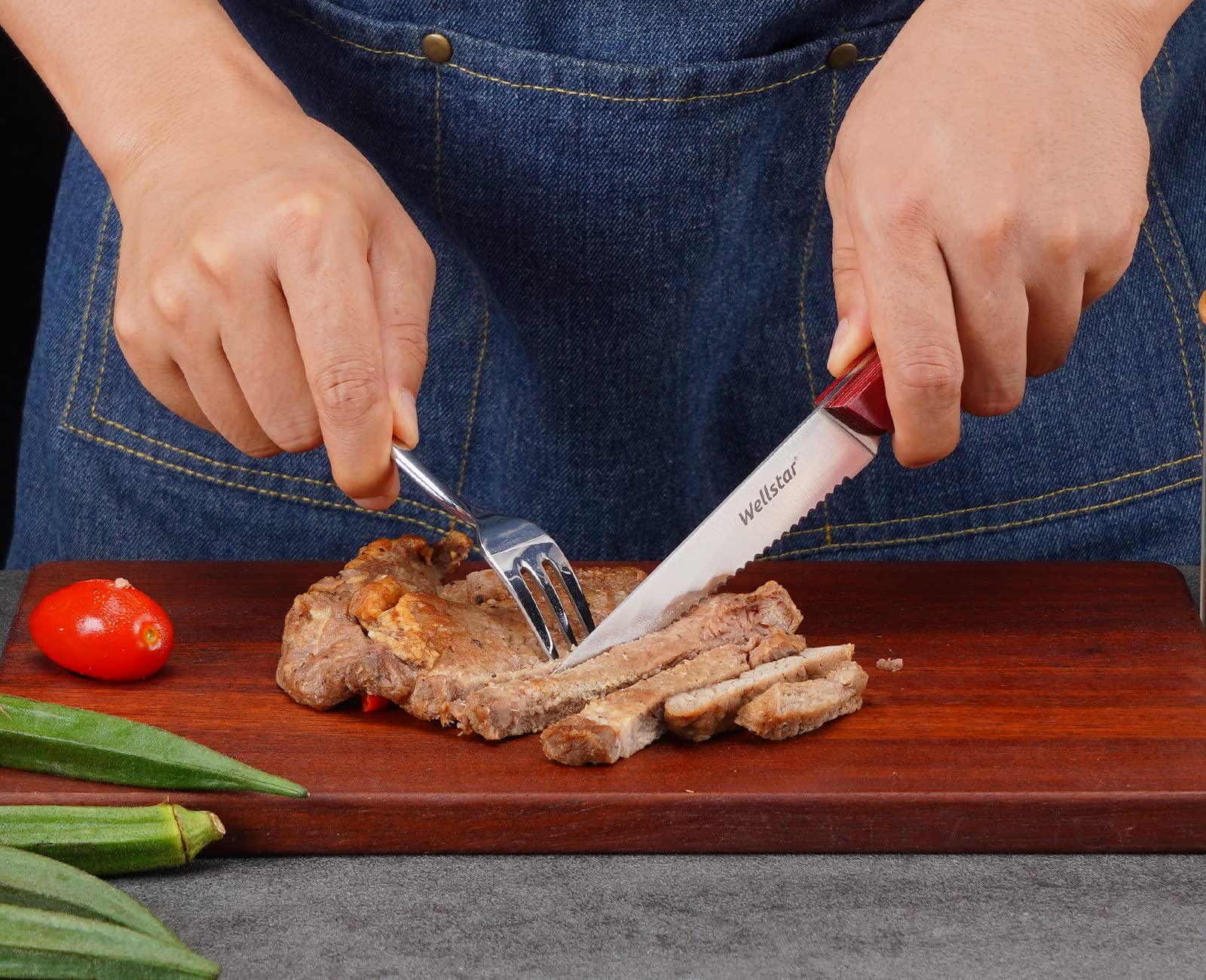 WELLSTAR Serrated Steak Knife Set of 6, Ultra Sharp Japanese Stainless Steel 4.5 inch Blade and Full Tang Pakkawood Handle Dinner Table Knives Pack for Home Kitchen Restaurant โ Triple Riveted