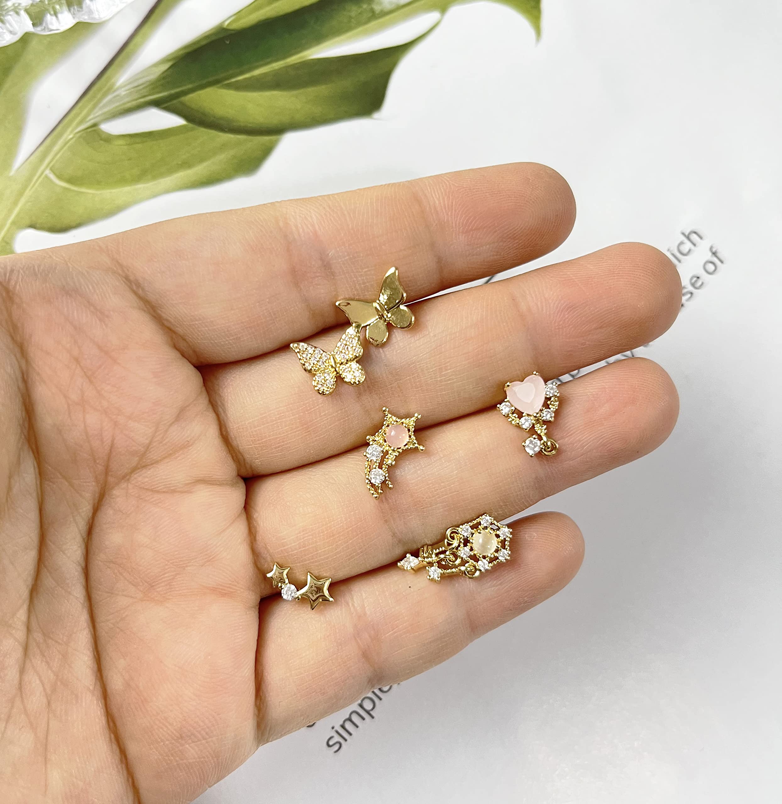 WAINIS 12pcs 20G Dangle Nose Rings Studs for Women Stainless Steel L Shaped Nose Studs Heart Arrow Feather Snowflake Wing CZ Dangling Nose Piercing Jewelry Gold