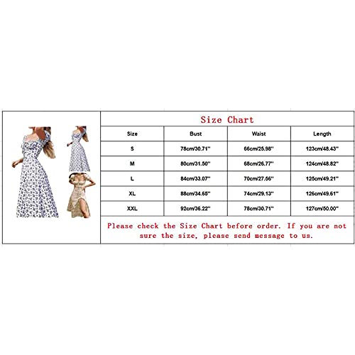 Women's Square Collar Dress Floral Printed High Split Maxi Dress Puff Short Sleeve Long Dress for Summer Beige