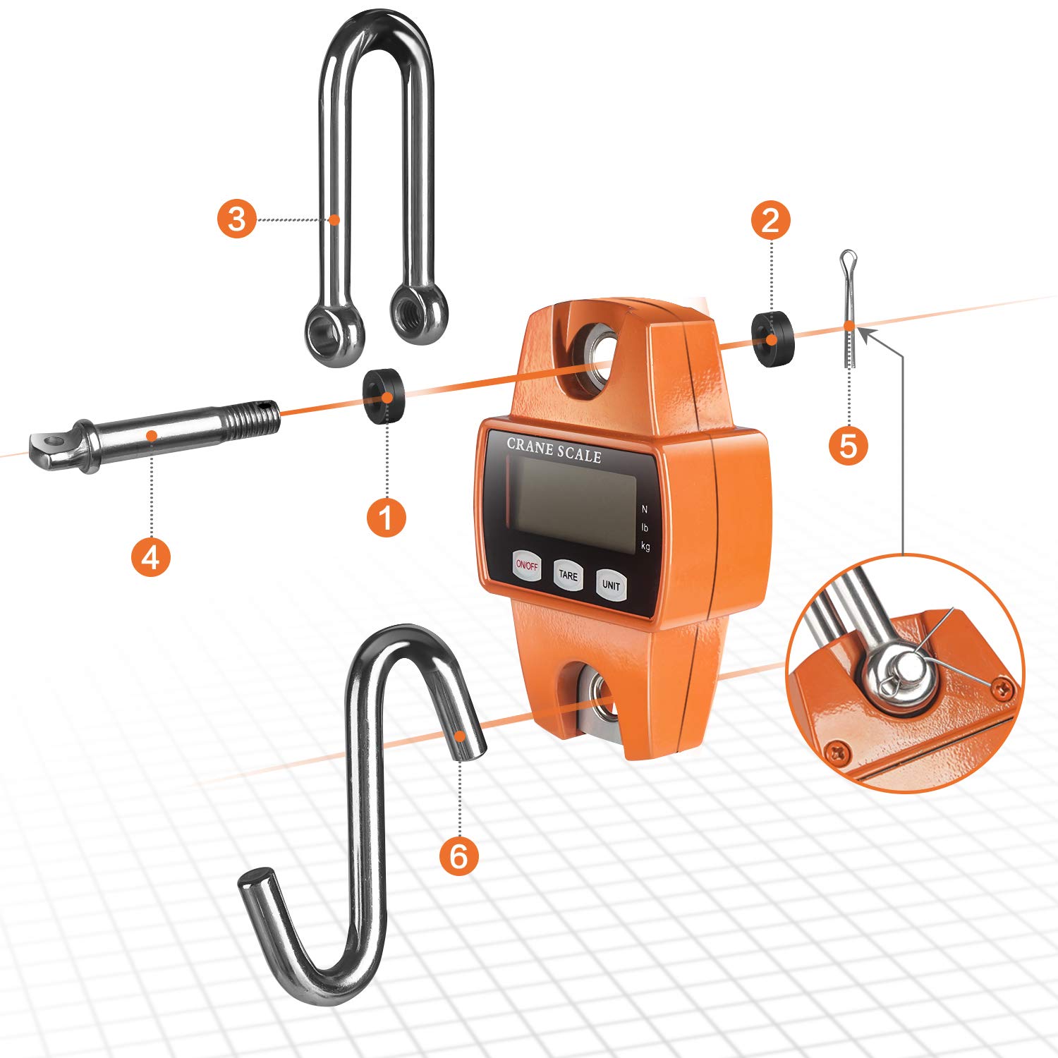 RoMech 660lb Digital Hanging Scale with Cast Aluminum Case, Handheld 300Kg Mini Crane Scale with Hooks for Farm Hunting Fishing Outdoor (Orange)