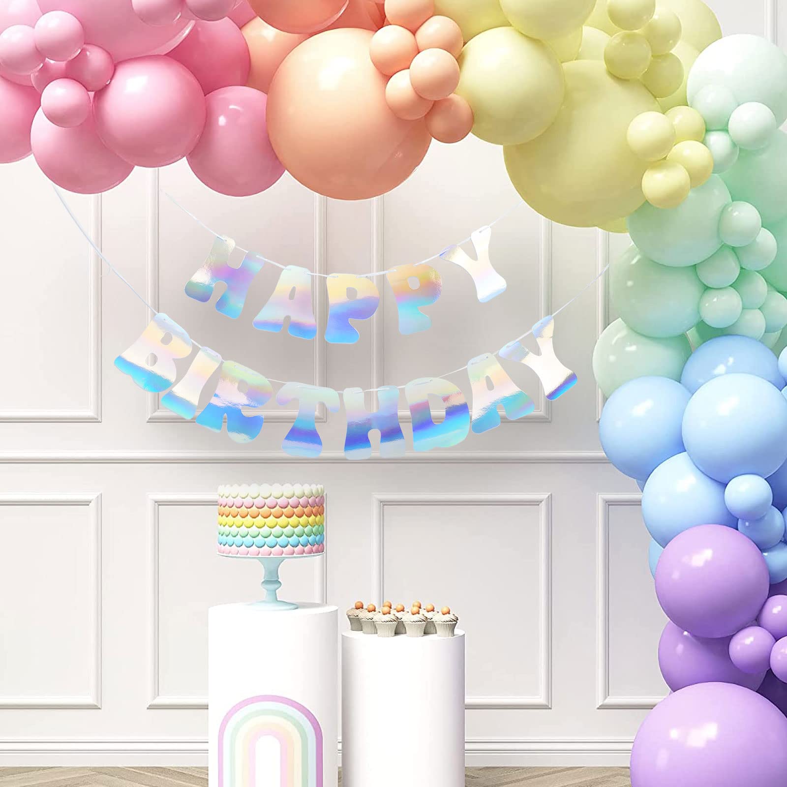 RUBFAC Pre-Strung Iridescent Happy Birthday Banner- NO DIY - Shiny Happy Birthday Banner Sign, Changeable Garland Bunting Banner for Birthday Party Decorations