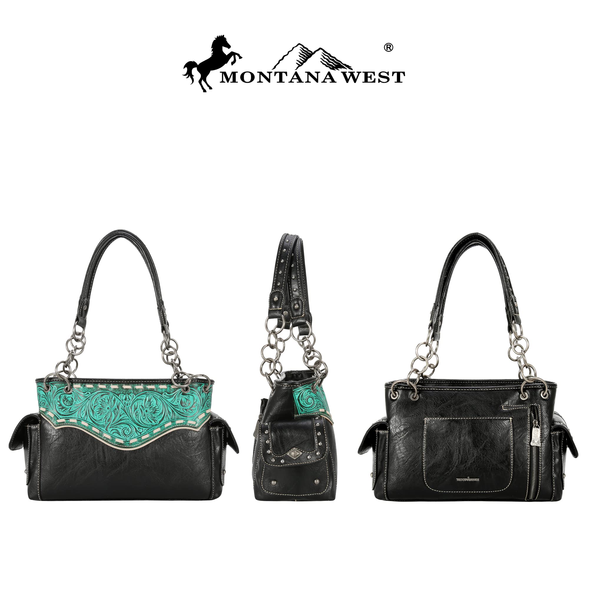 Trinity Ranch Western Purses for Women Satchel Tooling Leather Satchel Hobo Tote Bag Shoulder Handbags with Wallet TR150G-8085BK+W