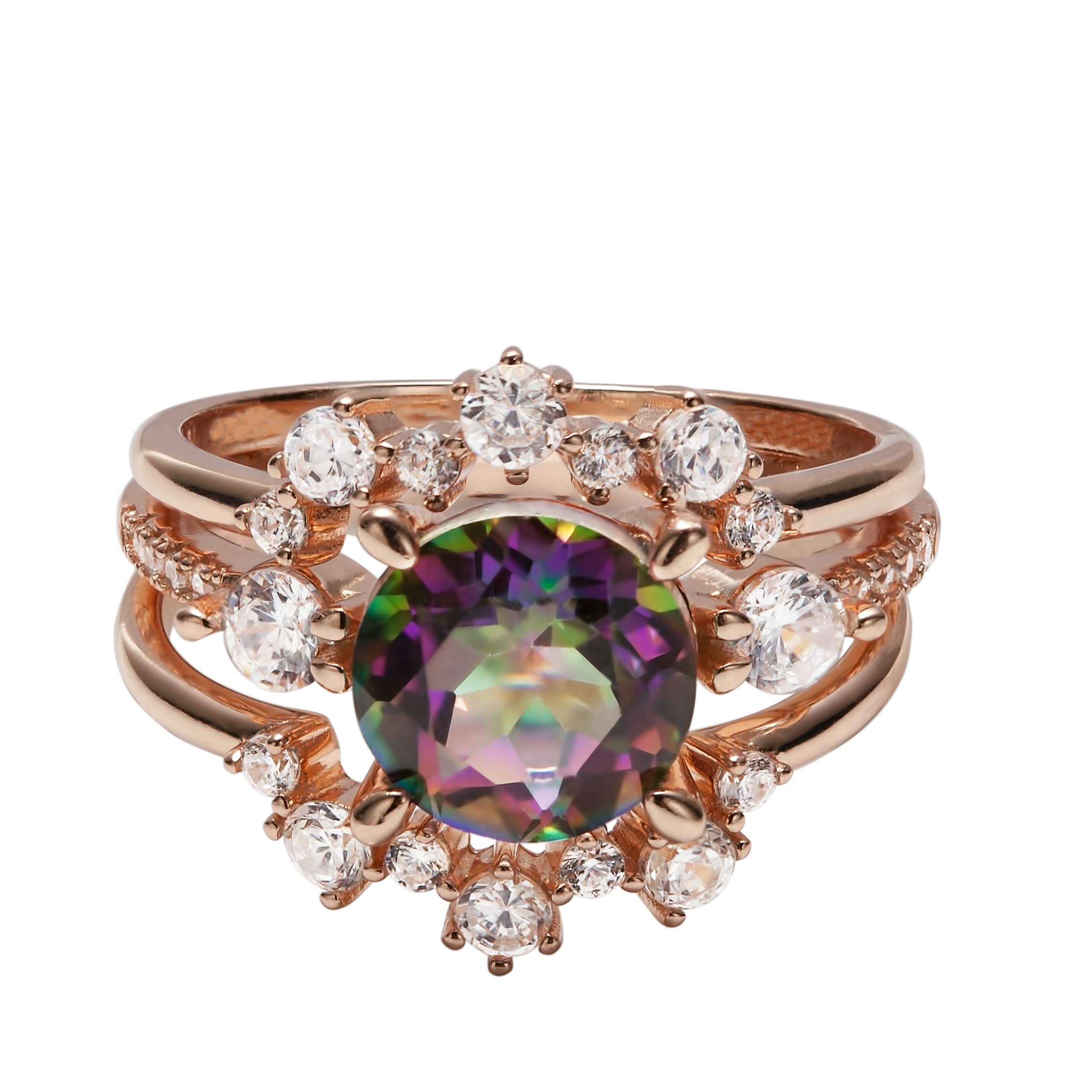 Rose Gold Plated Mystic Topaz Simulant CZ Synthetic Diamond Floral Design Border Round Engagement Ring Bridal Set Trio Ring Stack (Size 7)