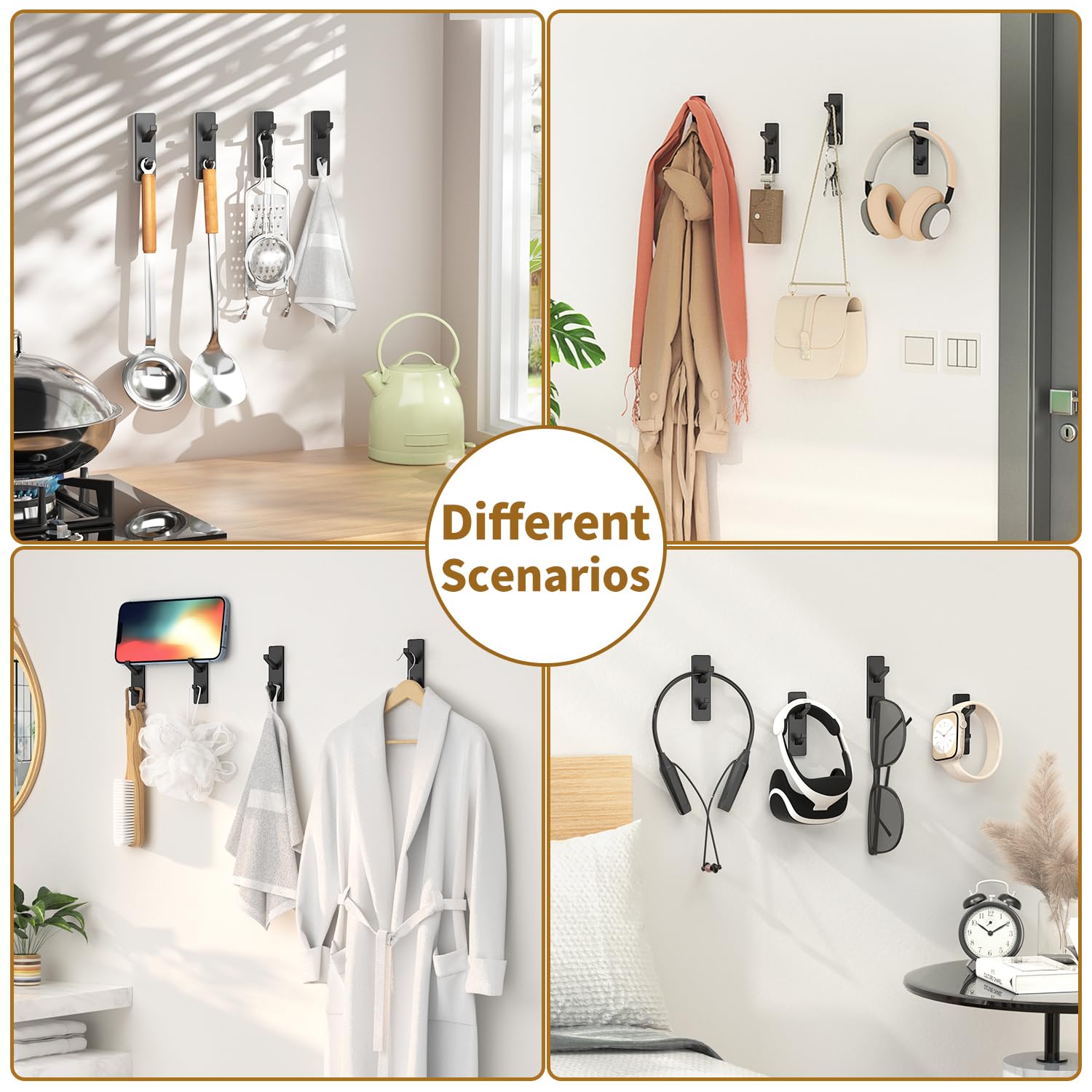 Self Adhesive Wall Hooks for Hanging: Stick-On Hooks Hold 13 LB, Black Coat Hook,Towel Hooks For Bathrooms,Shower Hooks for Wall,Door Hooks Hanging Towel, Kitchen Hook,Metal hooks for hanging,4 Pack