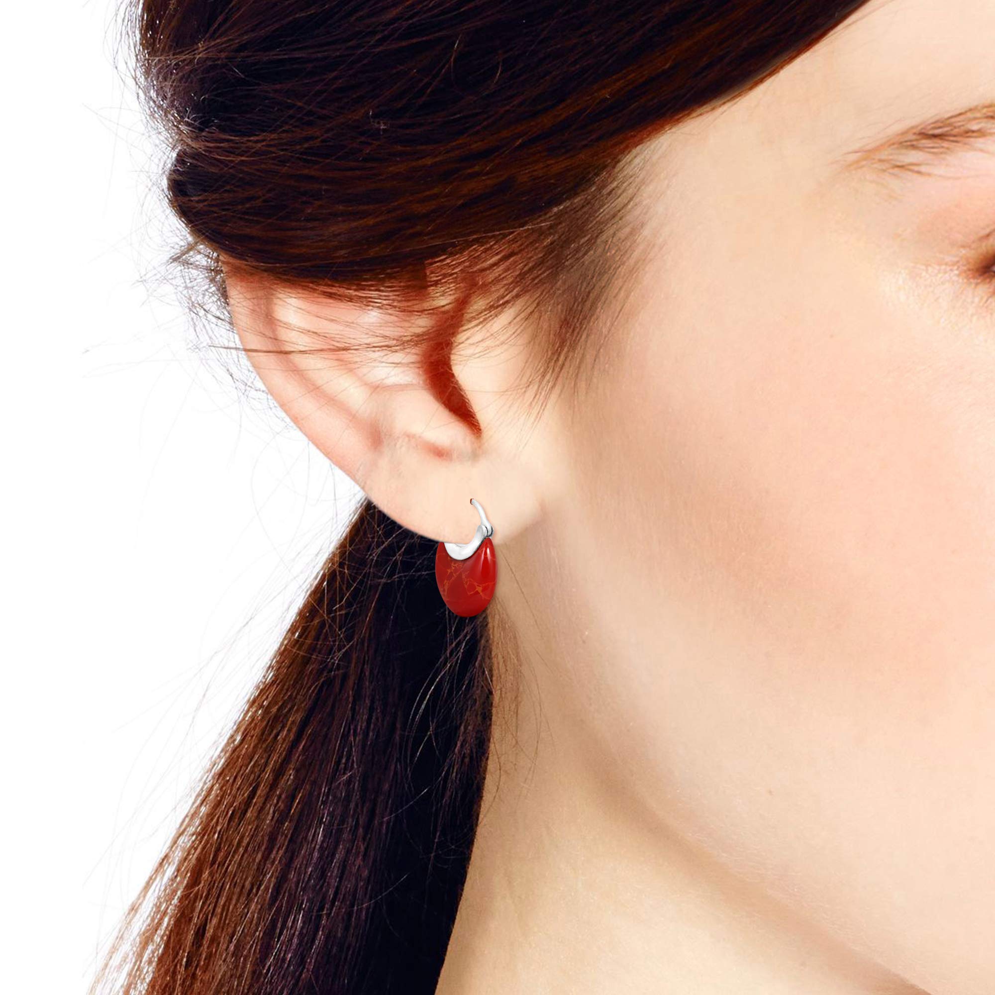 Trendy Reconstructed Red Coral Disc on .925 Sterling Silver Huggie Hoop Earrings