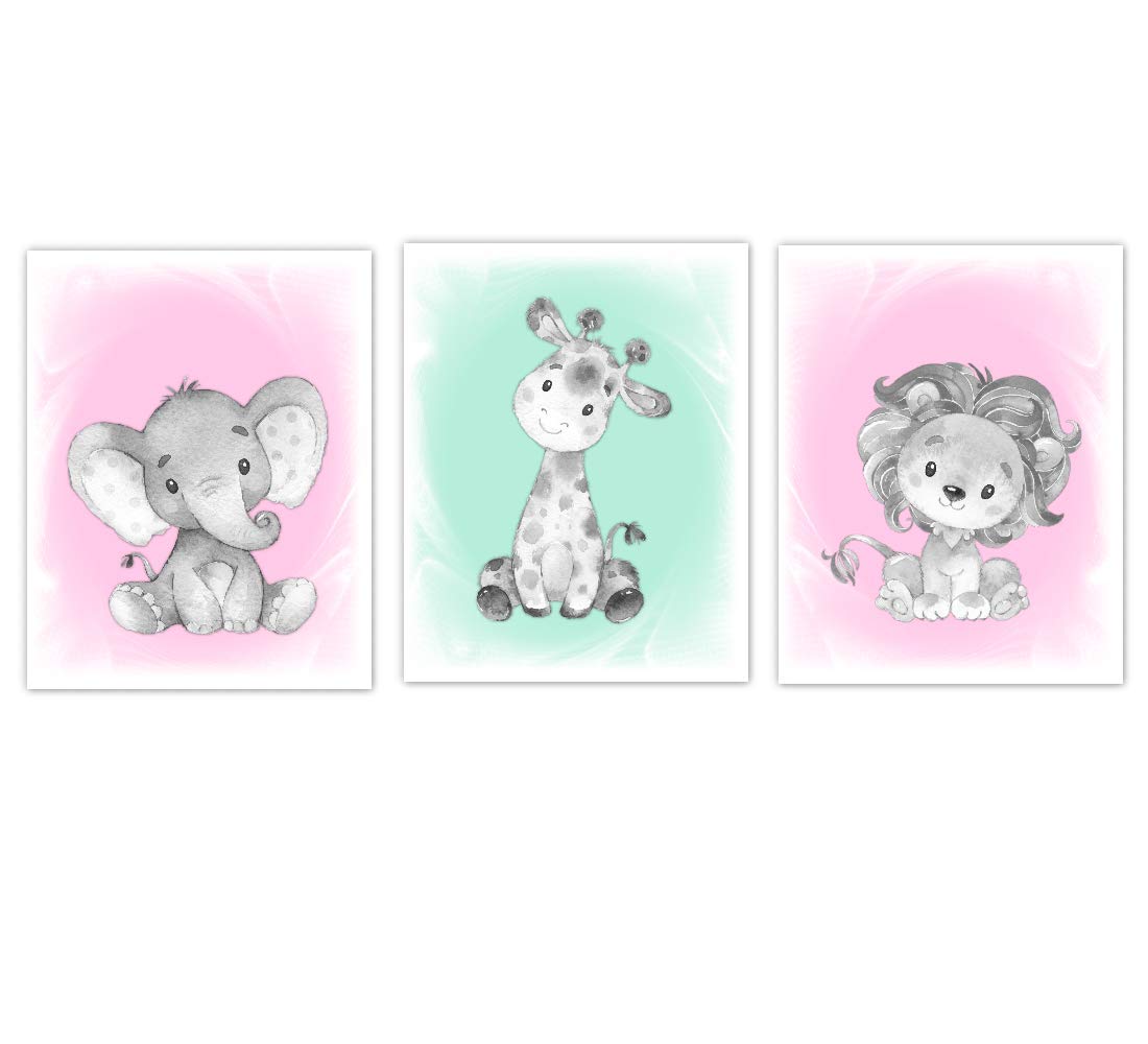 Pink Mint Green Safari Animals Baby Girl Nursery Wall Art Elephant Giraffe Lion 3 UNFRAMED PRINTS