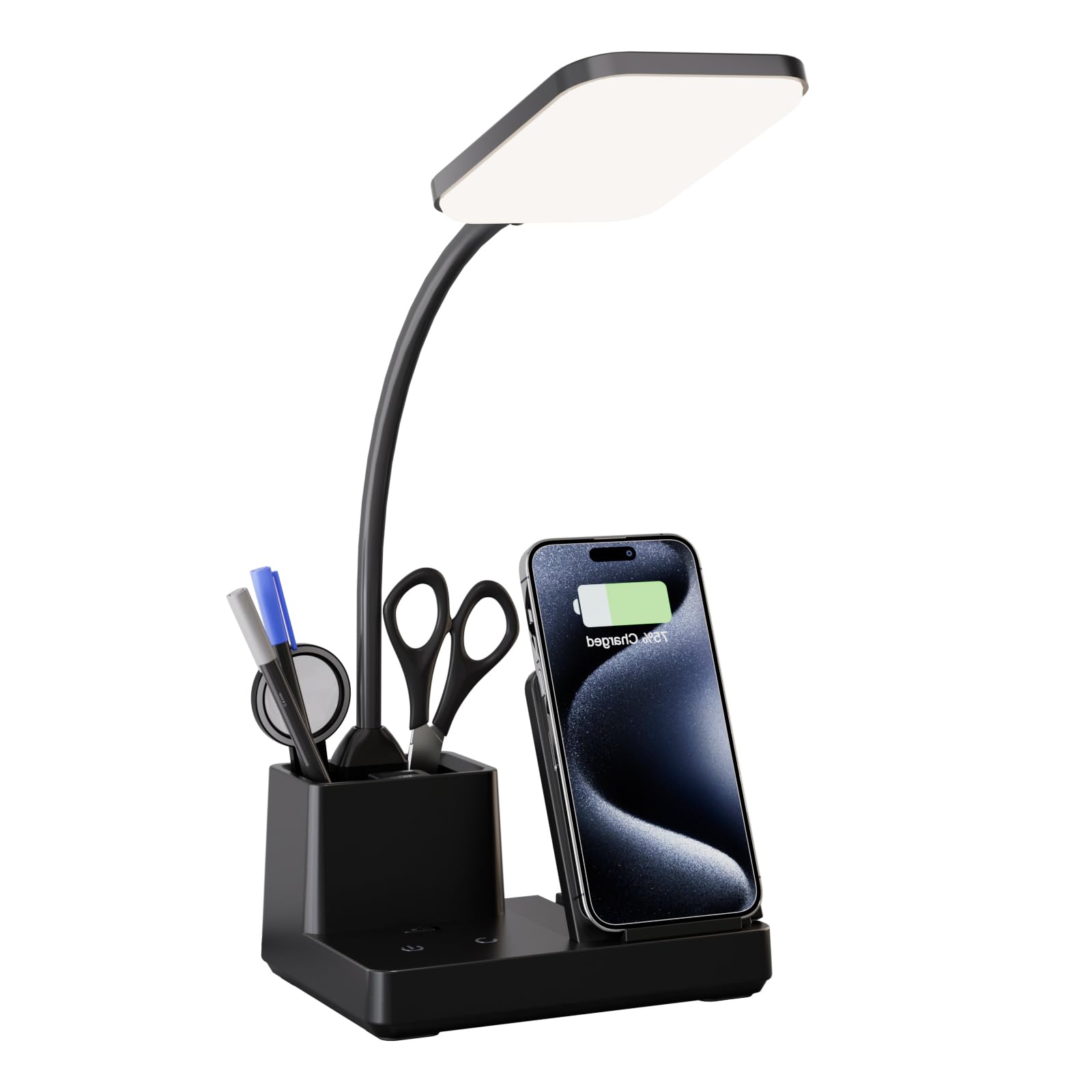 Sailstar Desk Lamp with Wireless Charger USB Charging Port, LED Desk Lamps for Home Office, 800LM 3 Lighting Modes Dimmable Pen Holder 360°Gooseneck, Eye-Caring Desk Light for College Dorm Room, Black