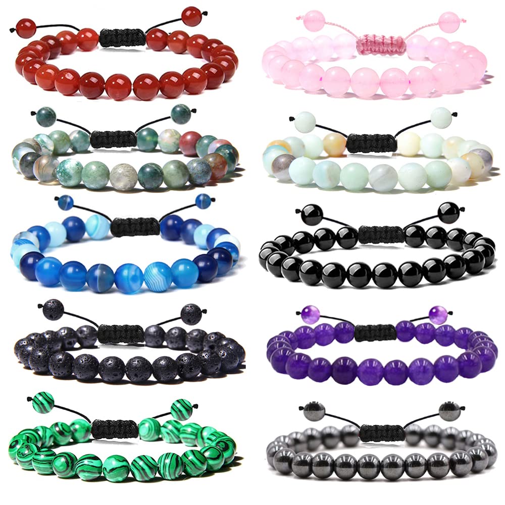 WAINIS 10PCS 8mm Gemstone Beaded Bracelets for Men Women Healing Stretch Bead Bracelets Set Adjustable Crystal Semi-precious Bracelets Unisex