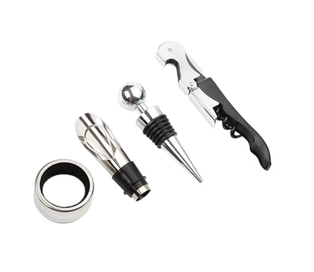 WICKS & WINE STAINLESS STEEL WINE ACCESSORY GIFT SET - BOTTLE OPENER, DRIP RING, BOTTLE STOPPER, WINE POURER