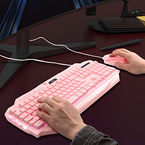 Pink Gaming Keyboard and Mouse Combo,MageGee GK710 Wired Backlight Pink Keyboard and Pink Mouse for Girl,PC Keyboard and Adjustable DPI Mouse for PC/Laptop/MAC(Pink)