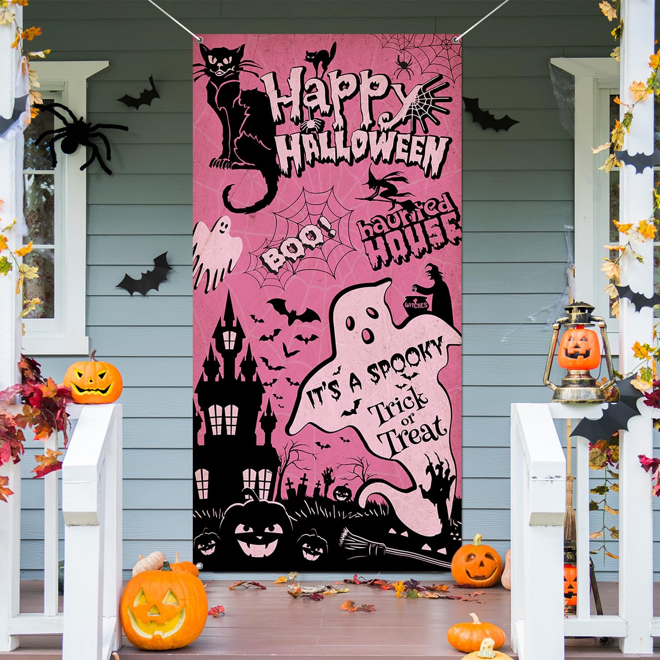 Pink Halloween Door Decorations Happy Halloween Door Cover Pastel Halloween Ghost Haunt Trick or Treat Spooky Pumpkin Hanging Banner Vintage Halloween Party Supplies