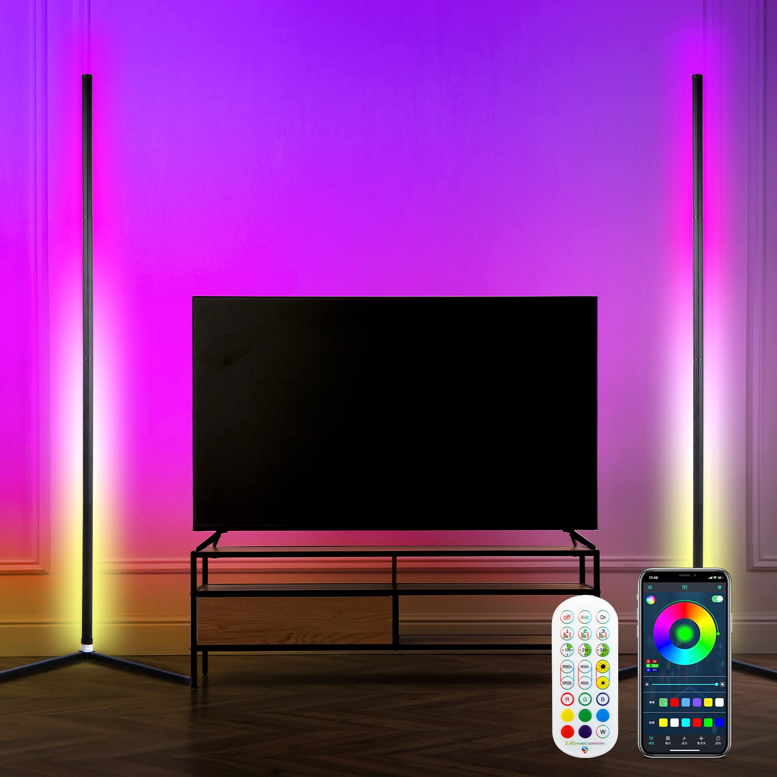 Retisee 2 Pieces 65 Inch Modern Lighting Corner Lamp with Remote and App Control LED Dimmable Corner Floor Lamp Color Changing RGB Lamp with Music Sync Timing for Living Room Gaming Room