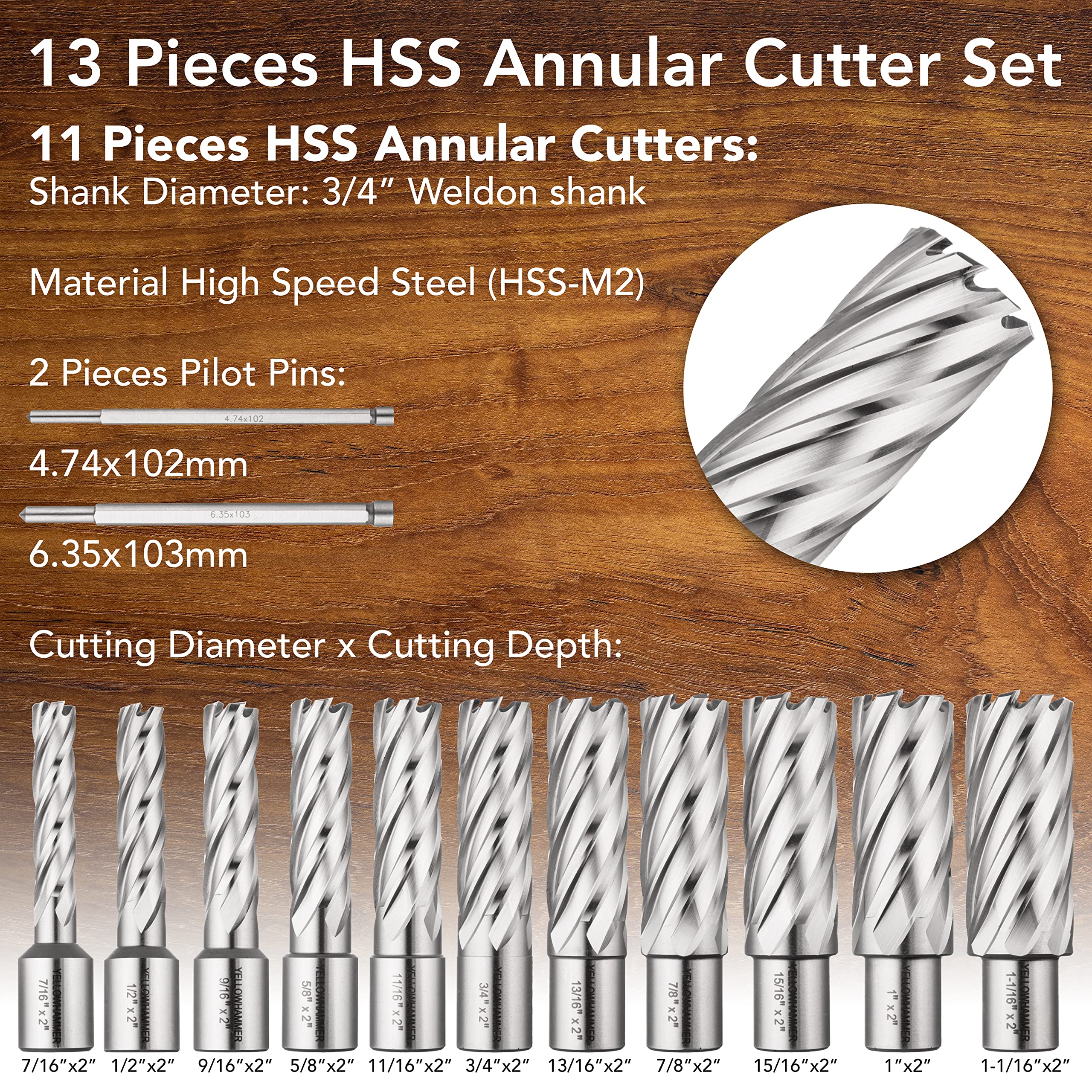 Yellowhammer 13 PC Premium Annular Cutter Set, 3/4β Weldon Shank, 2β Cutting Depth, Diameters: 7/16",1/2",9/16",11/16",5/8",3/4",13/16",7/8",15/16",1",1-1/16"), 2 pilot pins (4.74x102mm, 6.34x103mm)