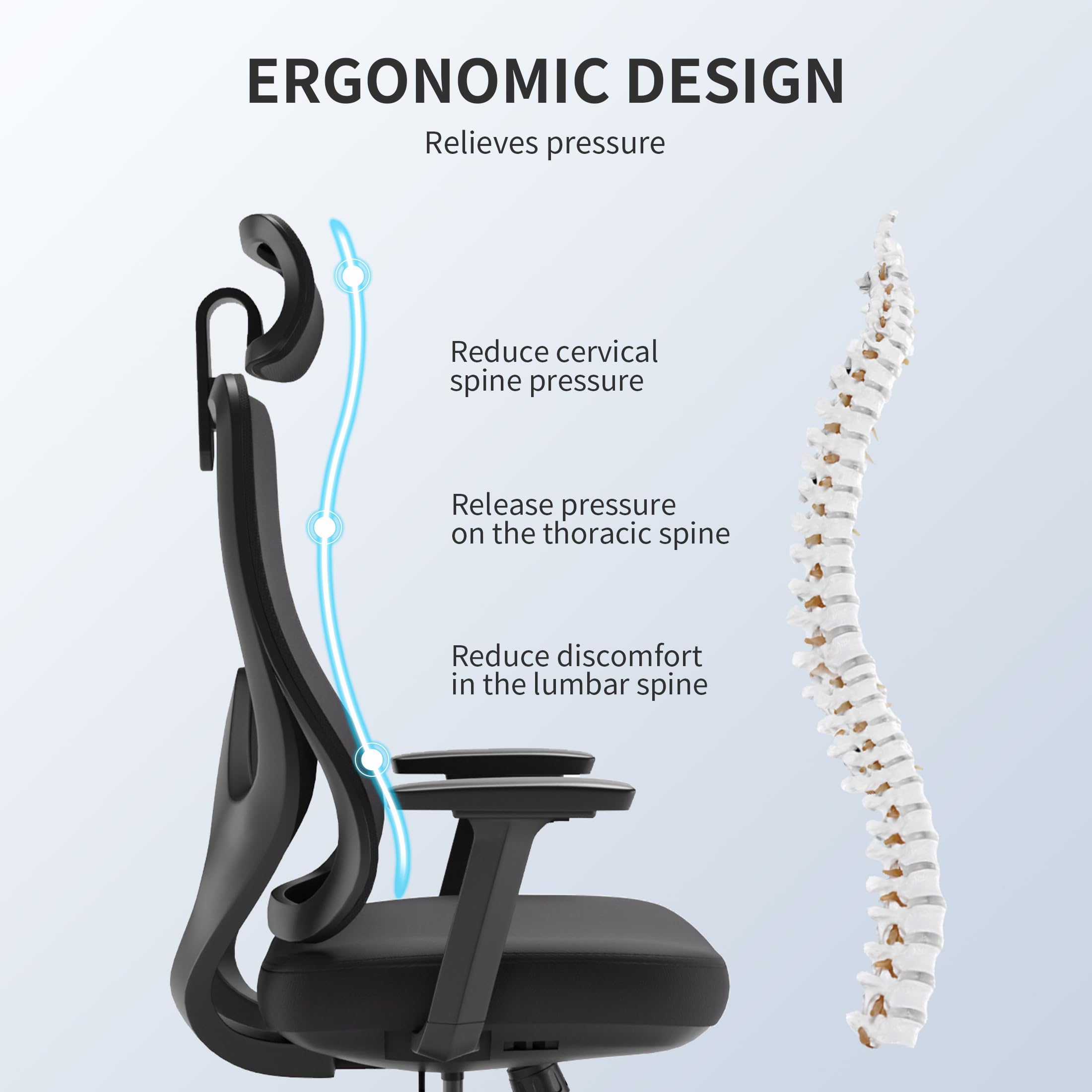 Rongbuk Ergonomic Executive Computer Desk Chair with 3D Armrests, 2D Headrest, Swivel Task Chair with Lumbar Support, Sturdy Base with Wheels, Mesh Office Chair, White
