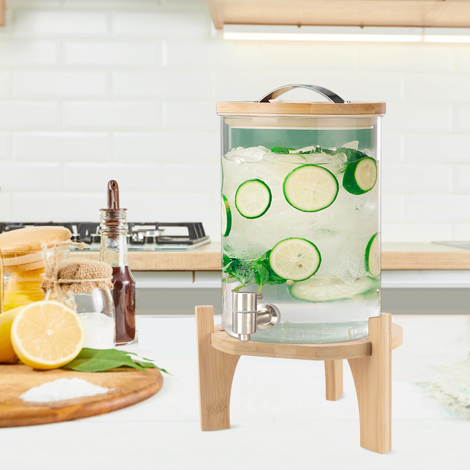 Ruizhihu Beverage Dispenser Stand Round Glass ๐ช๐ฎ๐๐ฒ๐ฟ ๐๐ถ๐๐ฝ๐ฒ๐ป๐๐ฒ๐ฟ ๐ฆ๐๐ฎ๐ป๐ฑ Bamboo Wood Drink Dispenser Stand Fits 6-8 Inches Diameter of Drink Stand Beverage Dispenser Stand Only