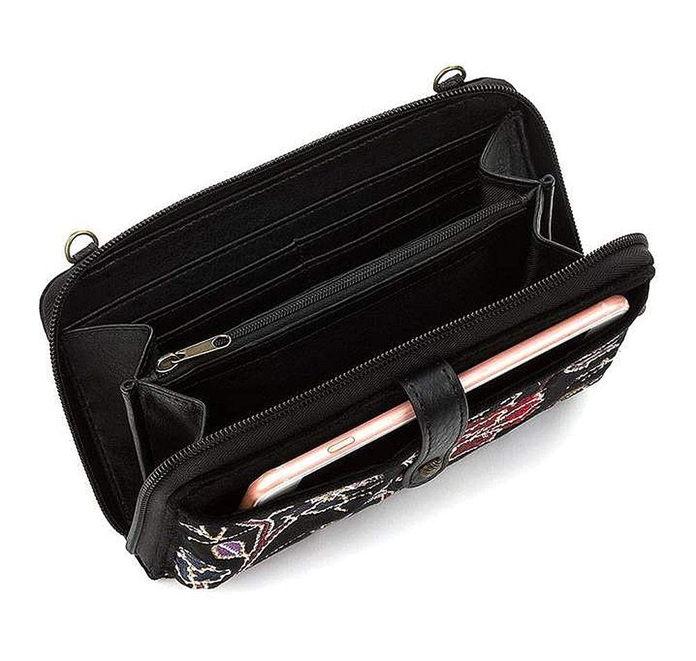 Sakroots Embroidered Large Smartphone Crossbody (Embroidered Black Flower Power)
