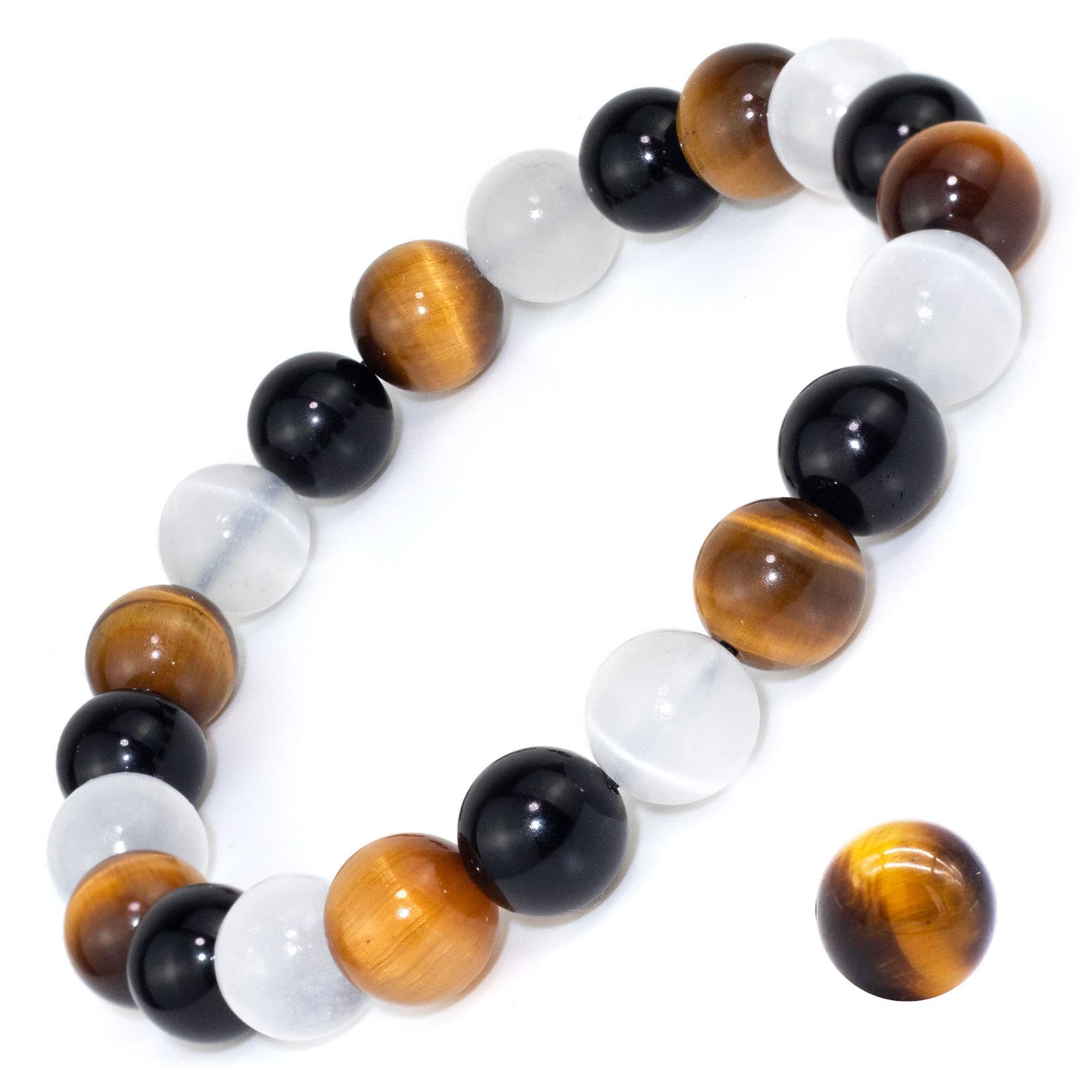 Triple Protection Bracelet | Natural Stone 10mm - Beaded | Bracelet for Women Men (Selenite+Tiger Eye+Obsidian)