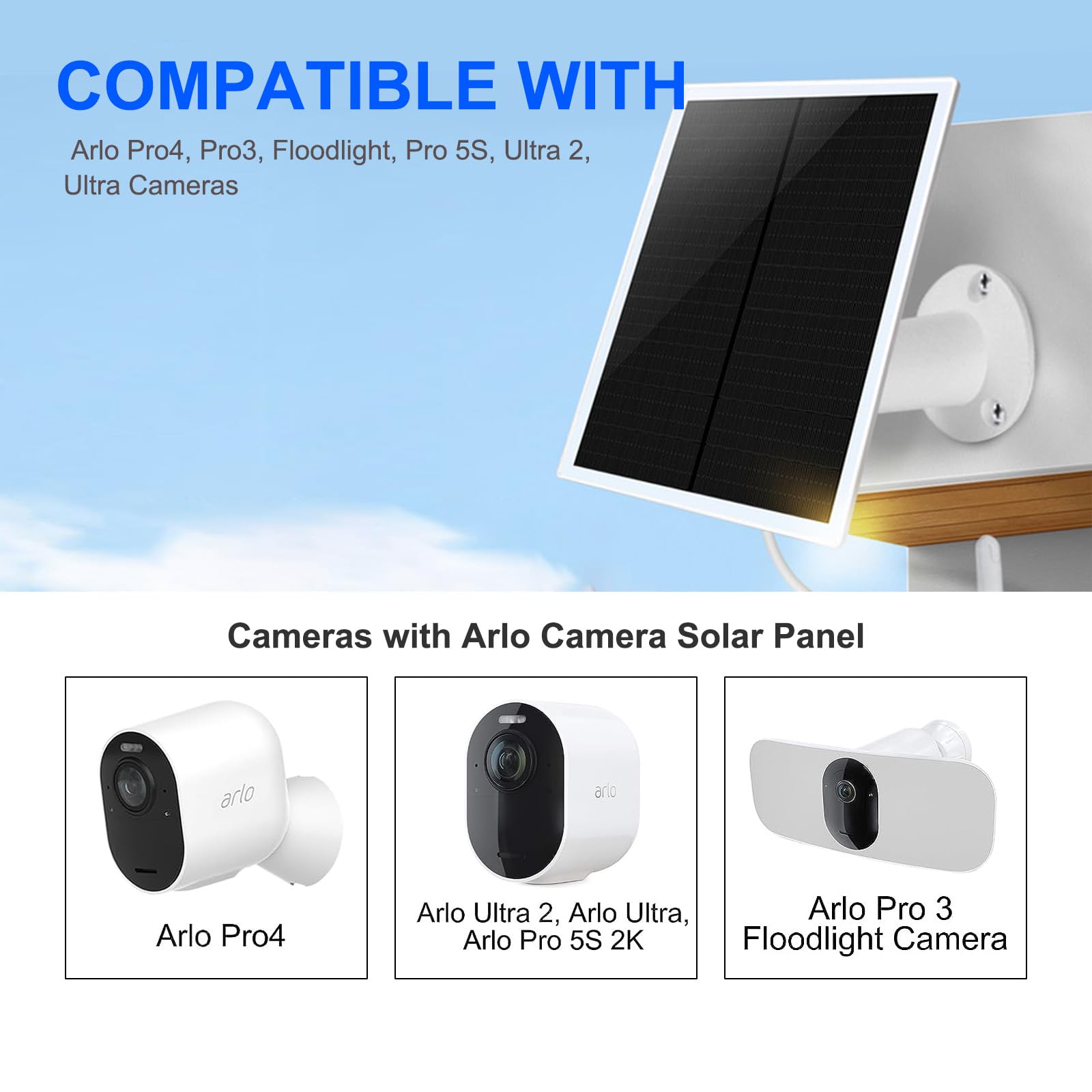 Solar Panel Charger for Arlo Camera Solar Panel Arlo Pro 5S 2K Compatible with Arlo Ultra, Ultra 2, Pro 3, Pro 4, Pro 3 Floodlight Security Camera Weather Resistant Weatherproof with 10FT Cable
