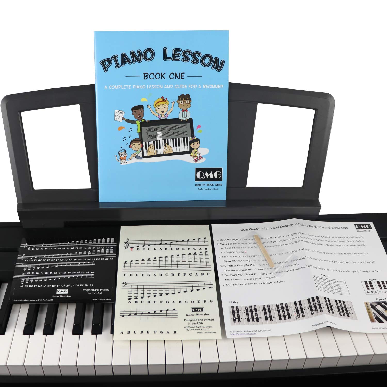 QMG Piano and Keyboard Stickers and Complete Piano Music Lesson and Guide Book for Kids and Beginners
