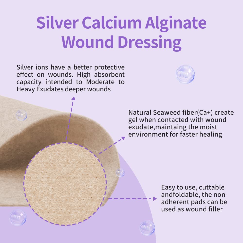 Niceful 5 Packs Silver Calcium Alginate Ropes0.8"x12โ, 10 Packs Silicone Foam Dressing 5"x5", Highly Absorbent Wound Dressing Comfortable Wound Pads for Pressure Ulcer