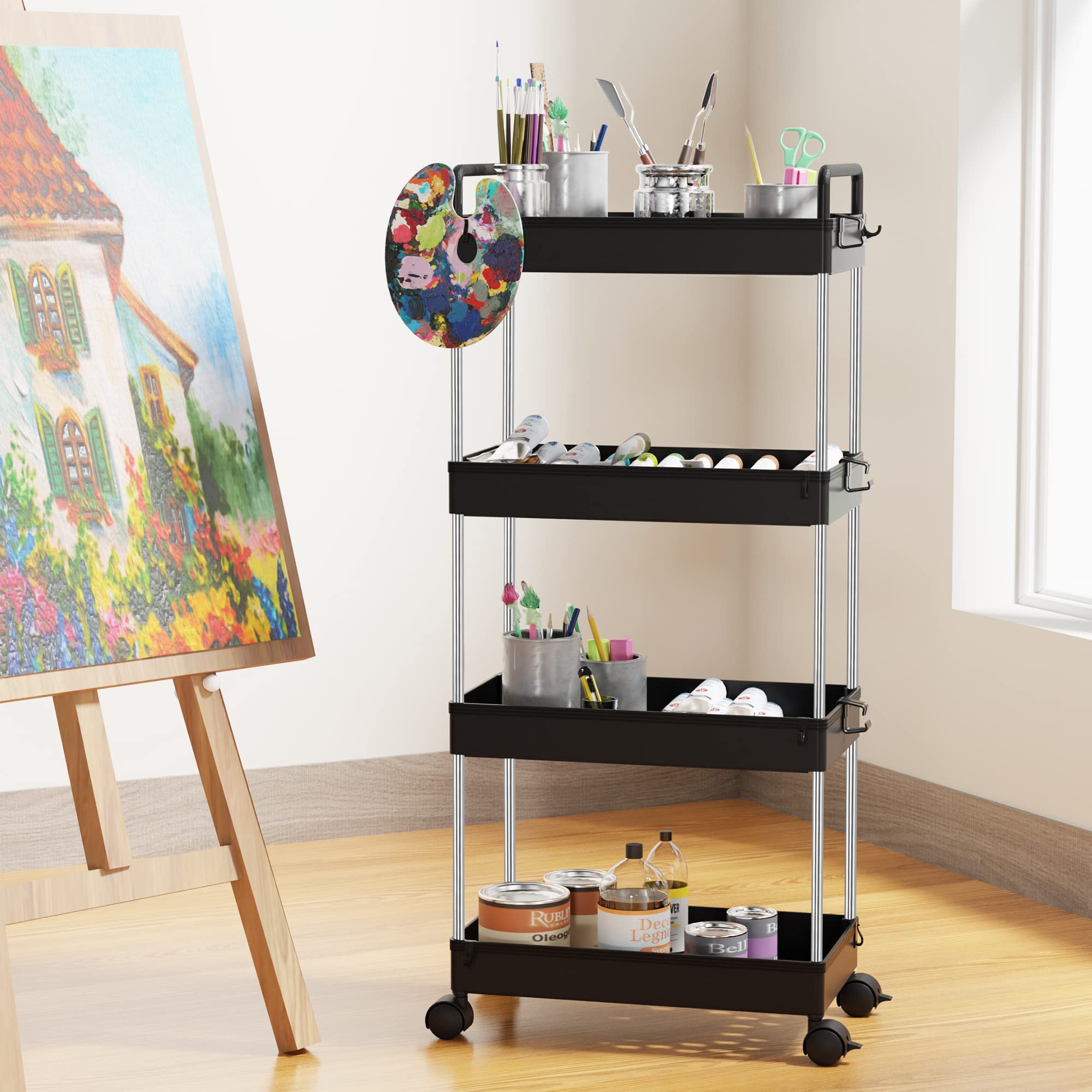 Ronlap 4 Tier Classic Storage Rolling Cart, Thin Storage Cart with Wheels Slide Out Storage Rolling Cart Organizer Plastic Utility Carts for Bathroom Laundry Room Kitchen Office Narrow Place, Black