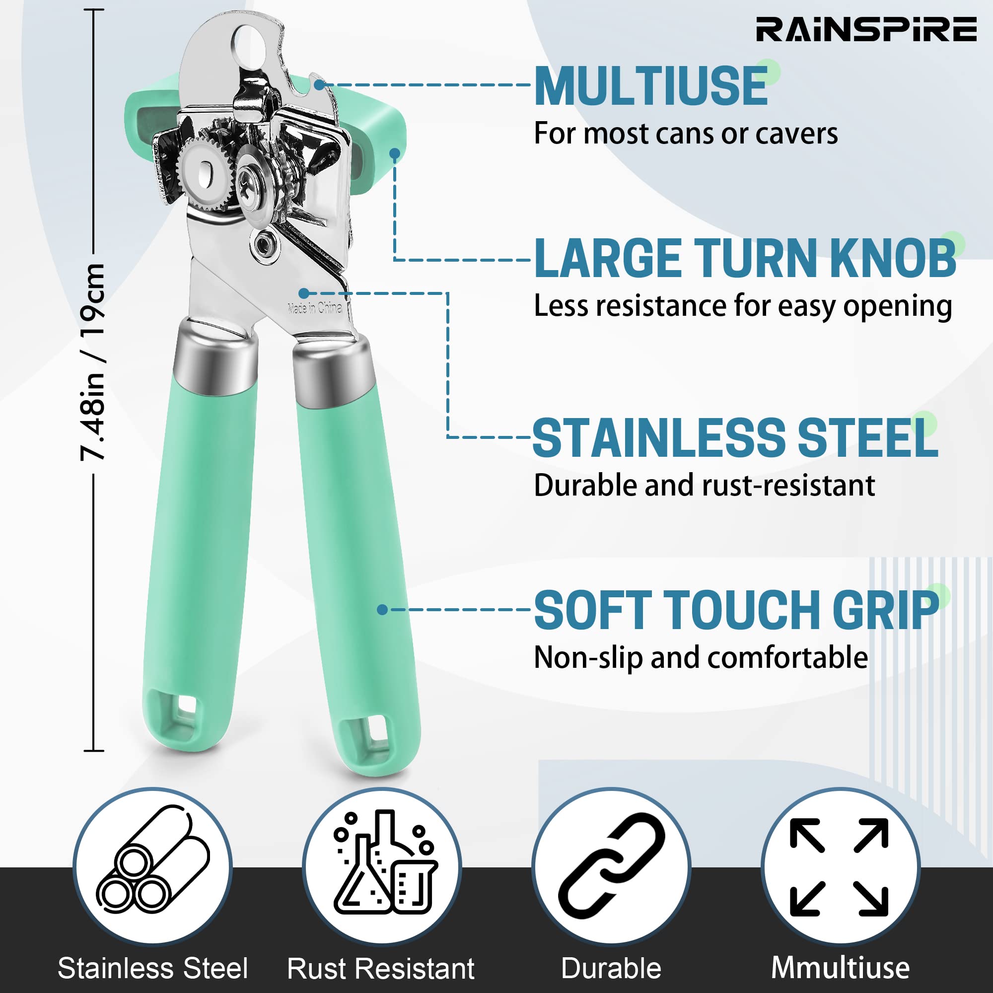 Rainspire Can Opener Manual Handheld Strong Manual Can Opener Smooth Edge Cut, Can Opener Heavy Duty, Comfortable Soft Handle, Built-in Bottle Opener, Mint Green