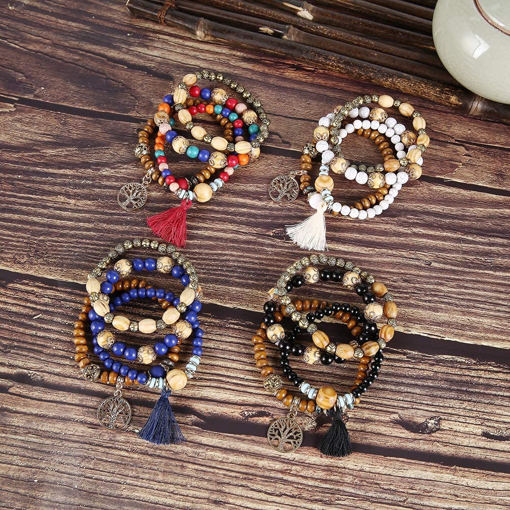 Twinfree Bohemian Stackable Bracelets Set for Women Boho Stretch Multilayer Colorful Stack Beads Bracelet 4 Pack