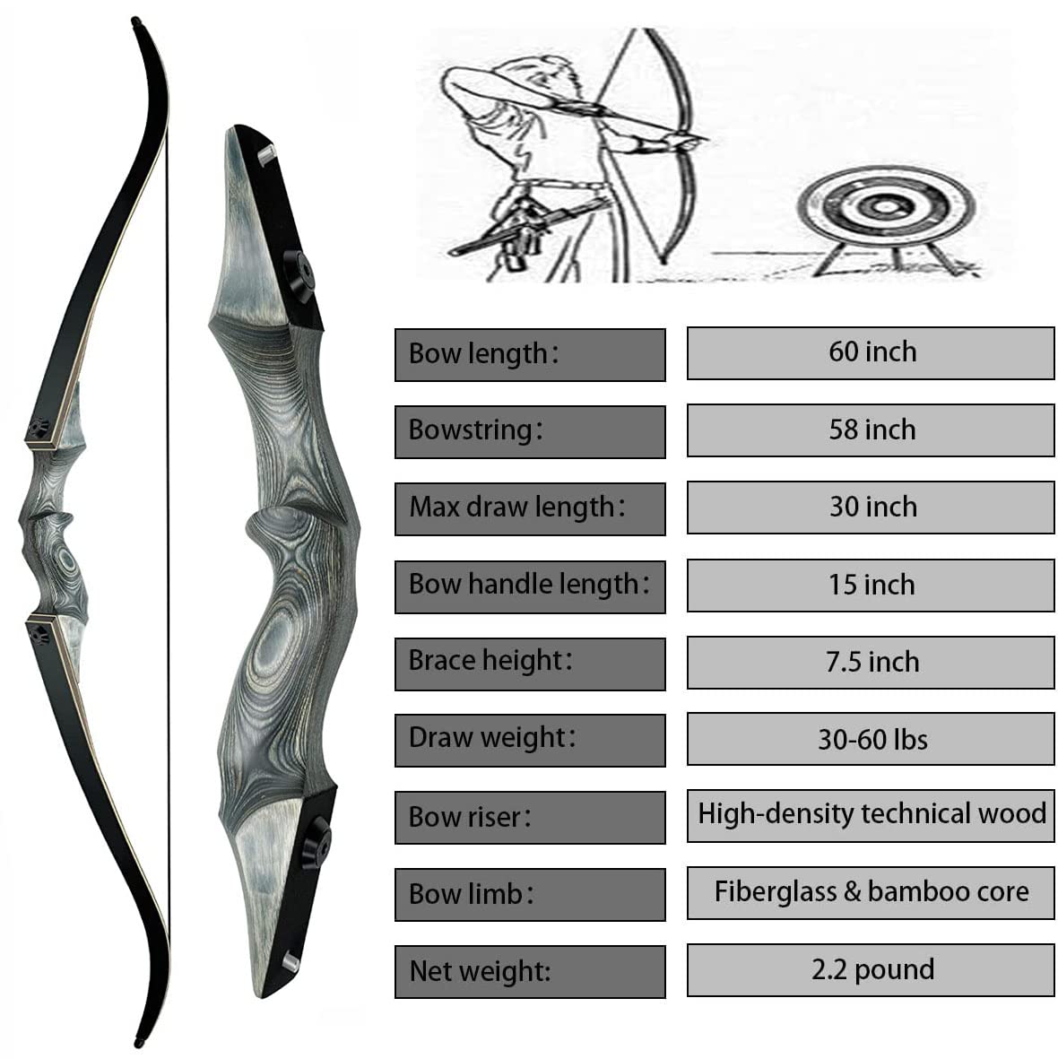Vogbel 60'' Archery Bow and Arrows Set for Adults Black Hunter Takedown Recurve Bow Survival Bow Hunting Longbow Bamboo Core Limbs for Right Handed Shooters Target Shooting Practice(50lb),Grey