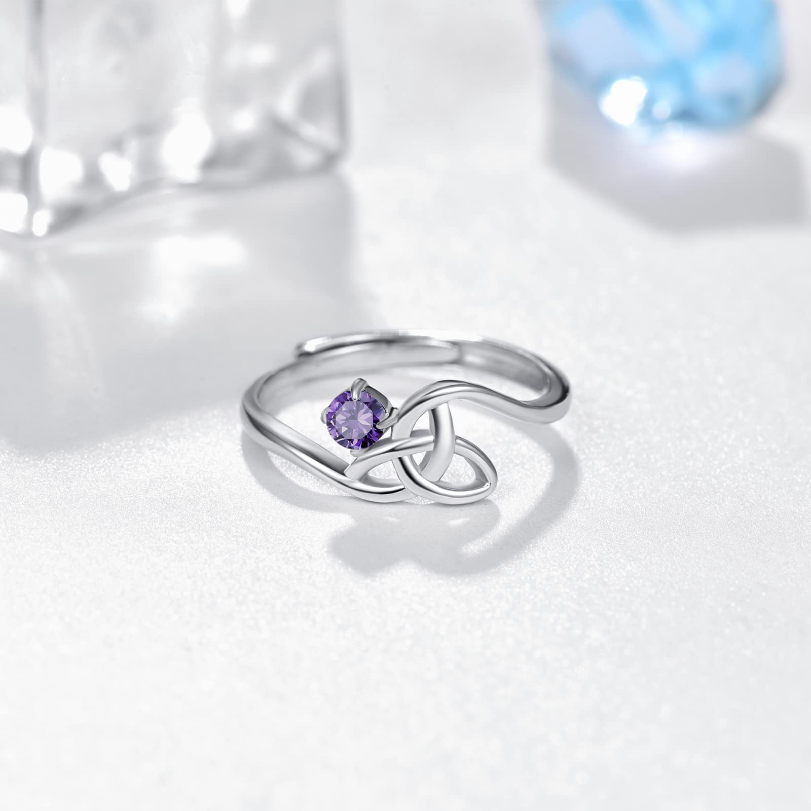 TRISHULA Celtic Knot Birthstone Ring,925 Sterling Silver February Birthstone Adjustable Open Ring for Women Forever Love Celtic Knot Thumb Ring Gift for Women Teen