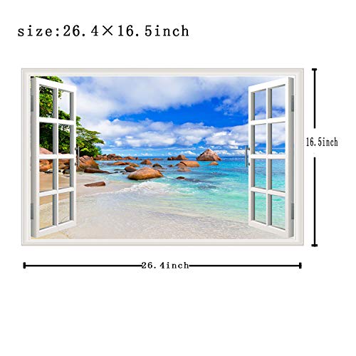 Rajahubri 3D Beach Fake Window Wall Stickers Blue Sky Window View Wall Decals Seascape Wall Sticker Removable Ocean Beach Wall Decals for Bedroom Kids Room