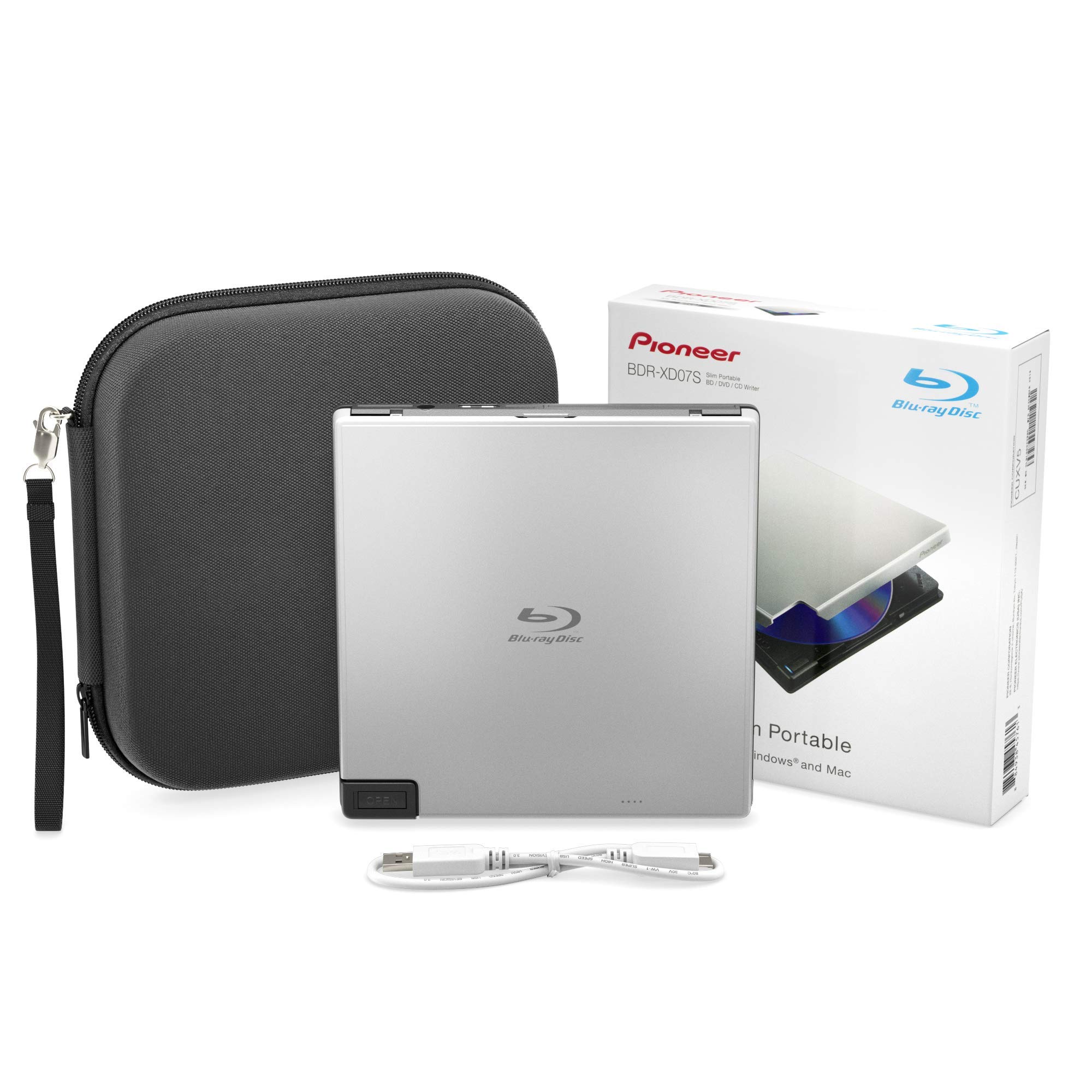 Pioneer BDR-XD07S External Blu Ray Drive - 6X Slim Portable BDXL, BD, DVD & CD Burner for Windows & Mac with 3.0 USB - Write & Read on Laptop & Desktop, w/ Carry Case, Software Sold Separately