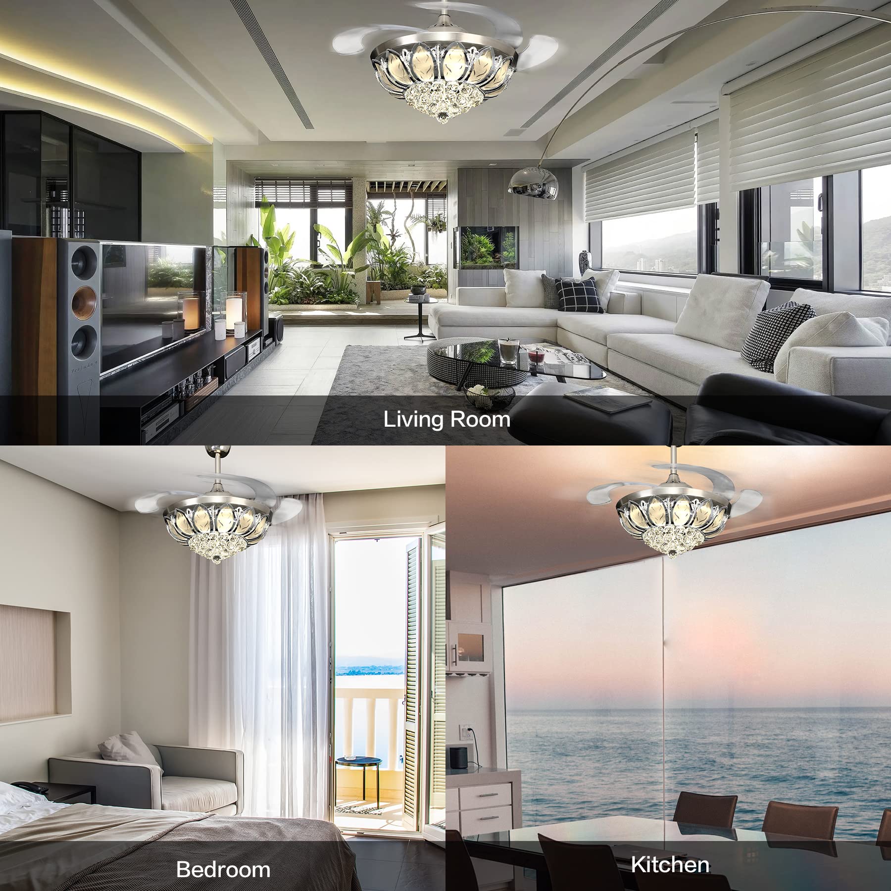 Ridgeyard 42" Crystal Ceiling Lamp Fan Light 3 Light Color LED Fan Chandelier Decorative Pendant Light with 4 Invisible Retractable Blades and Remote Control（Silver