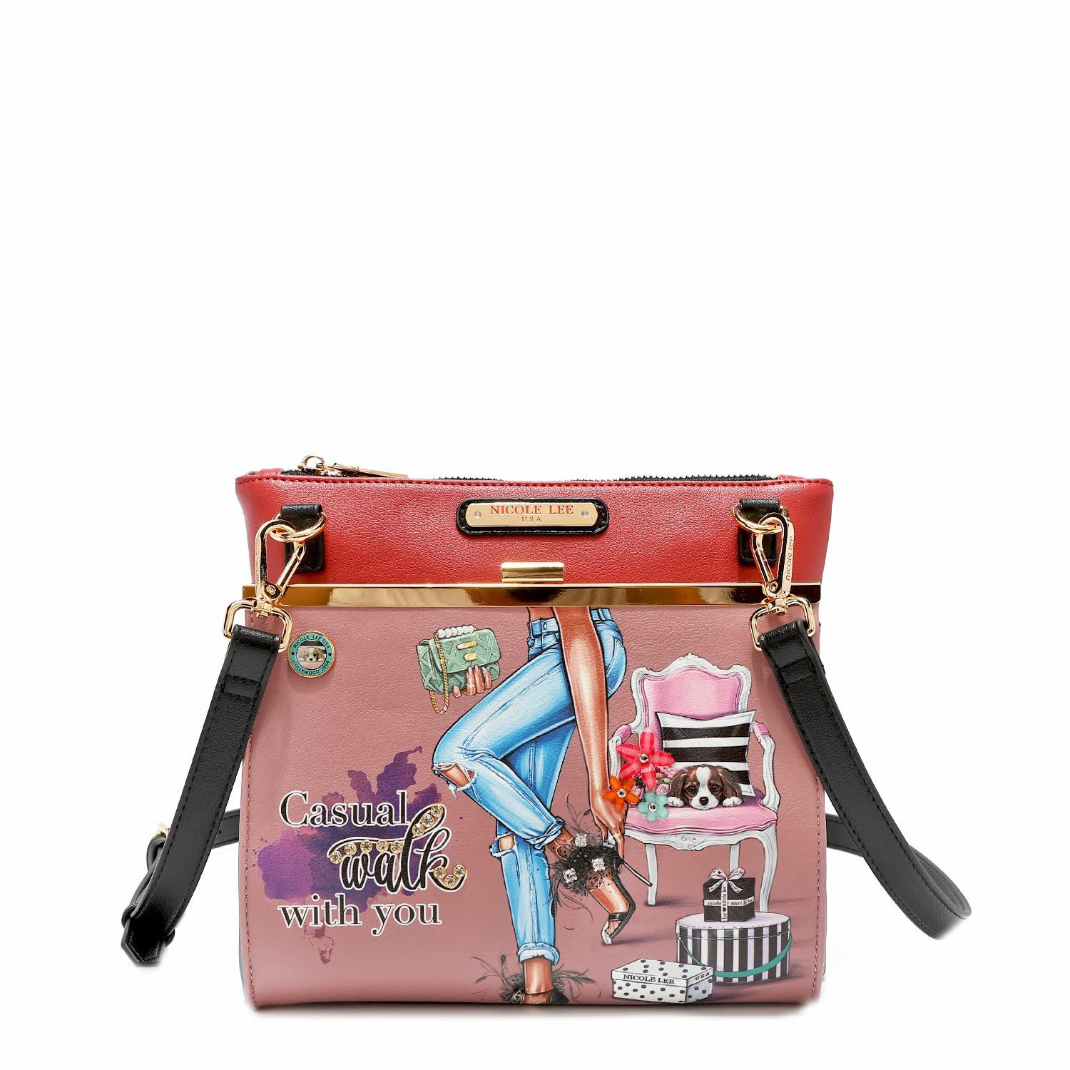 Nicole Lee Casual Walk Medium Crossbody, 2 Compartments, Pink Fashion Dog Print with Embellishments, Optional Strap