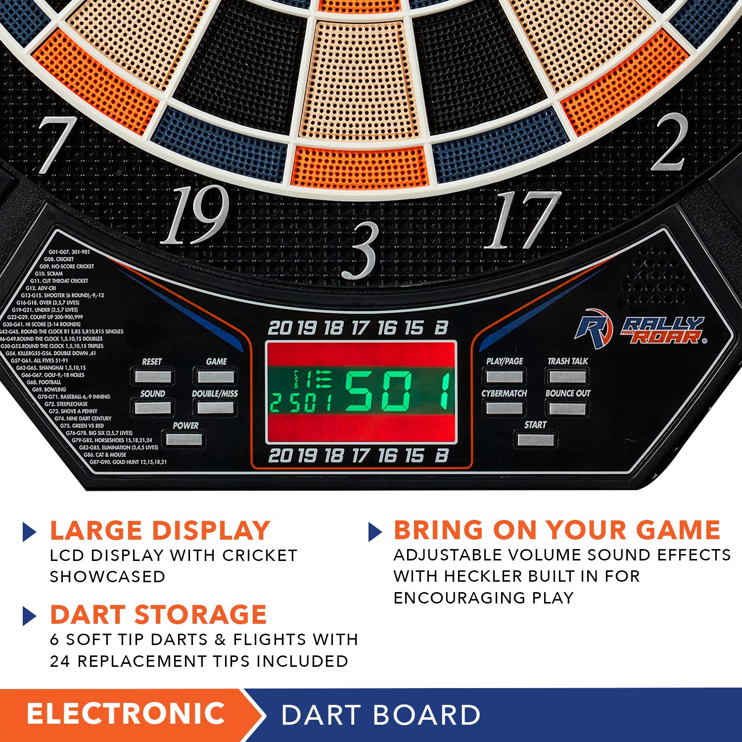 Rally and Roar 15.5" Electronic Dartboard w/Built in Scorer, 20 Game Modes and 6 Soft Tip Darts