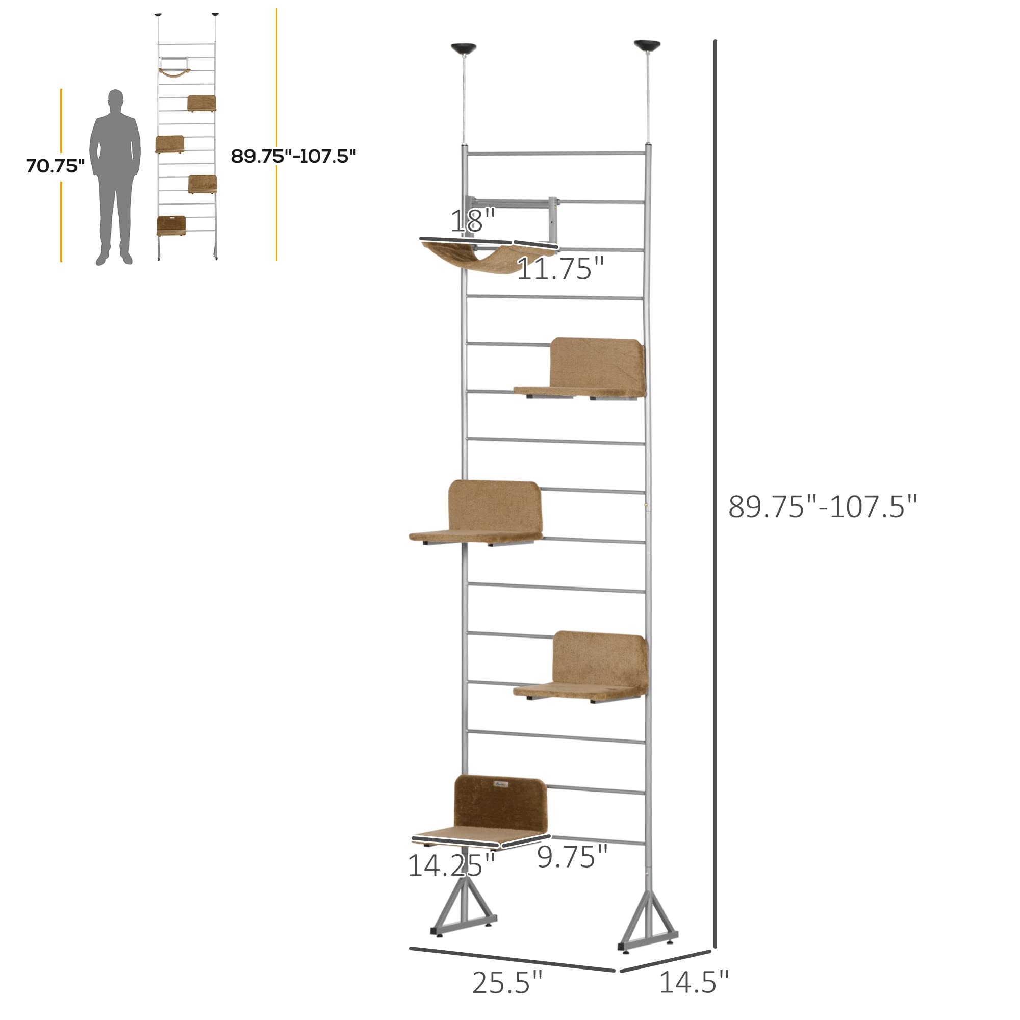 Pawhut 108" Floor-to-Ceiling Adjustable Staggered Climbing Cat Tree Tower