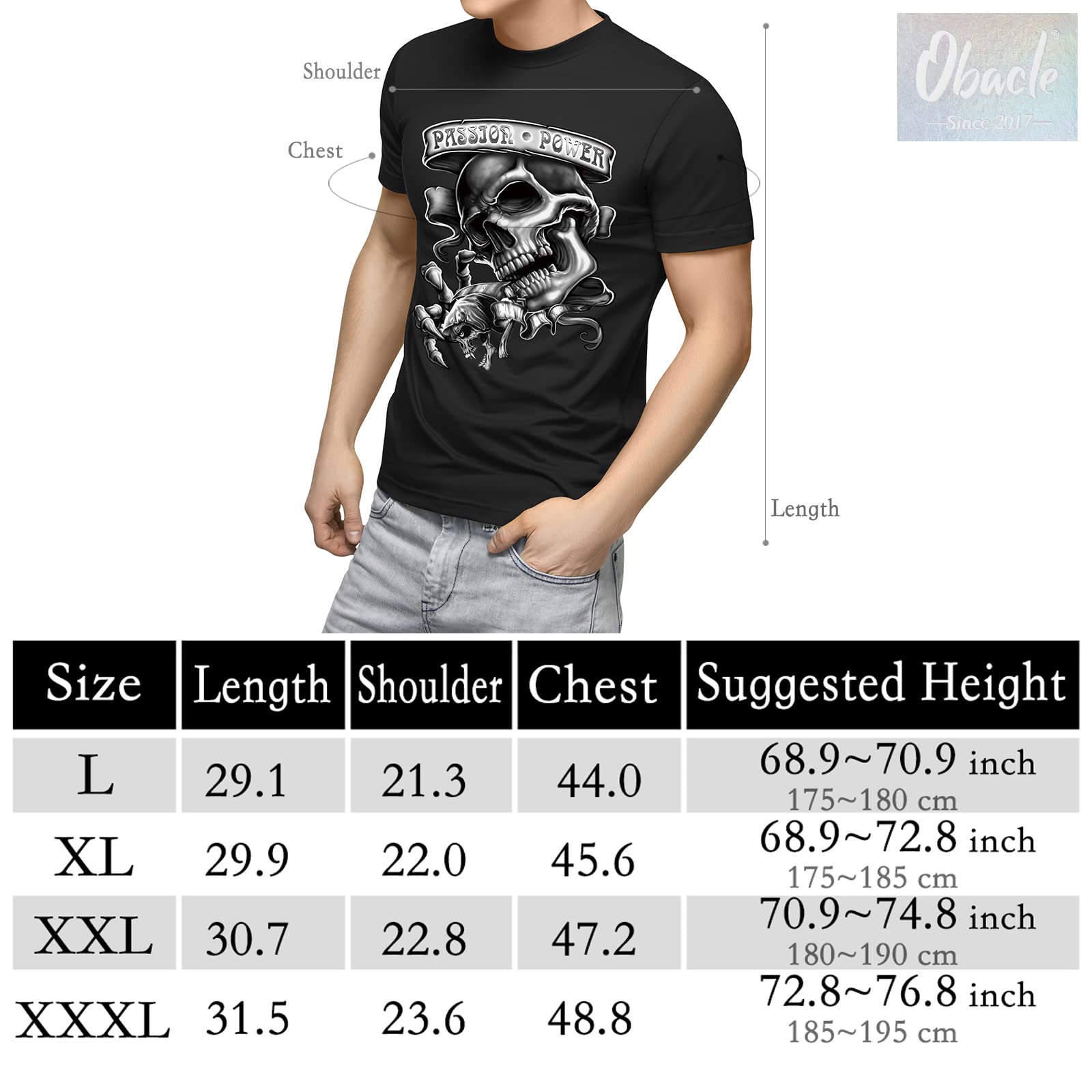 Obacle Men T Shirt, Skull T-Shirt for Men Cotton Short Sleeve Black Shirt (2XL)